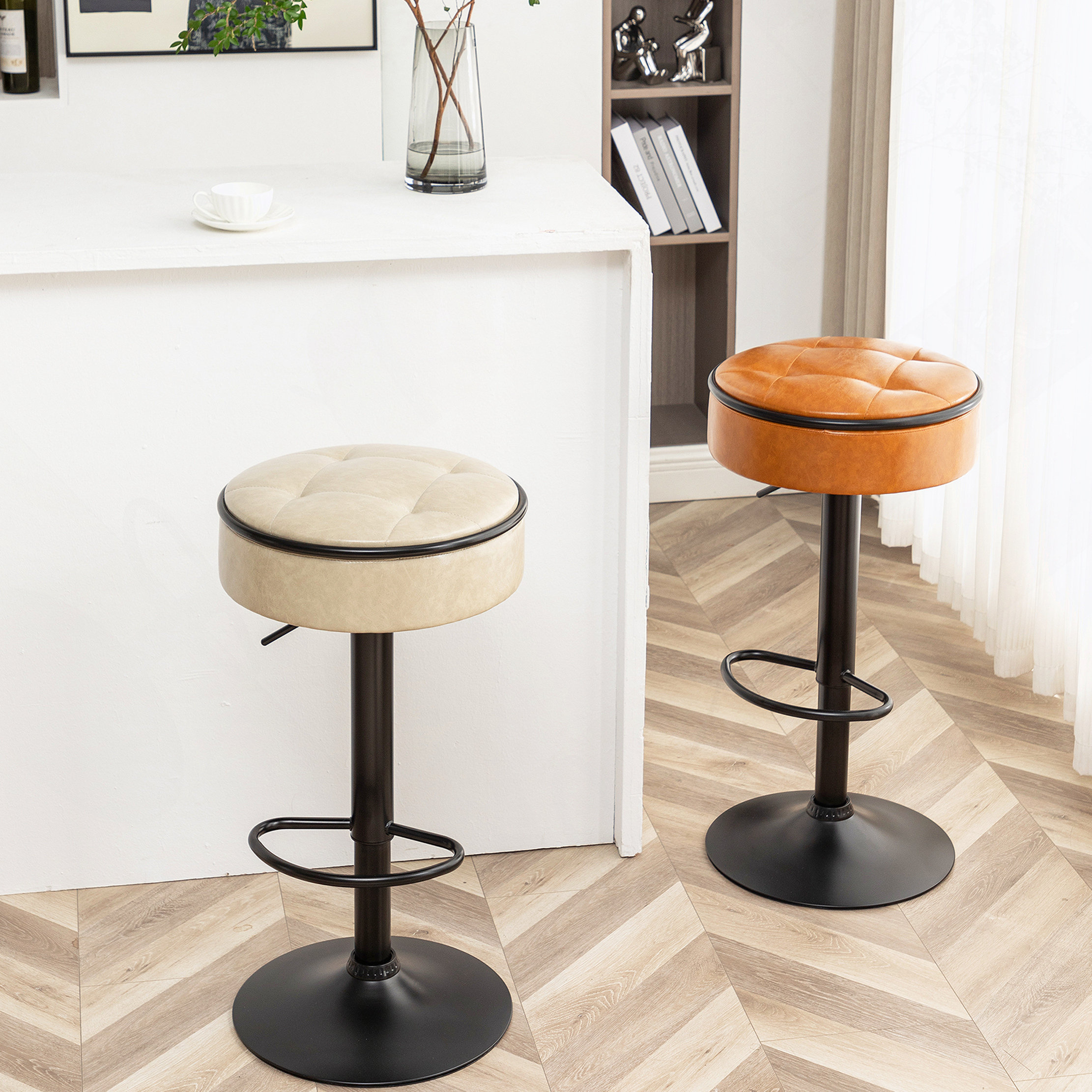 17 Stories Round Storage Bar Stool Set of 2, White Faux Leather Height ...