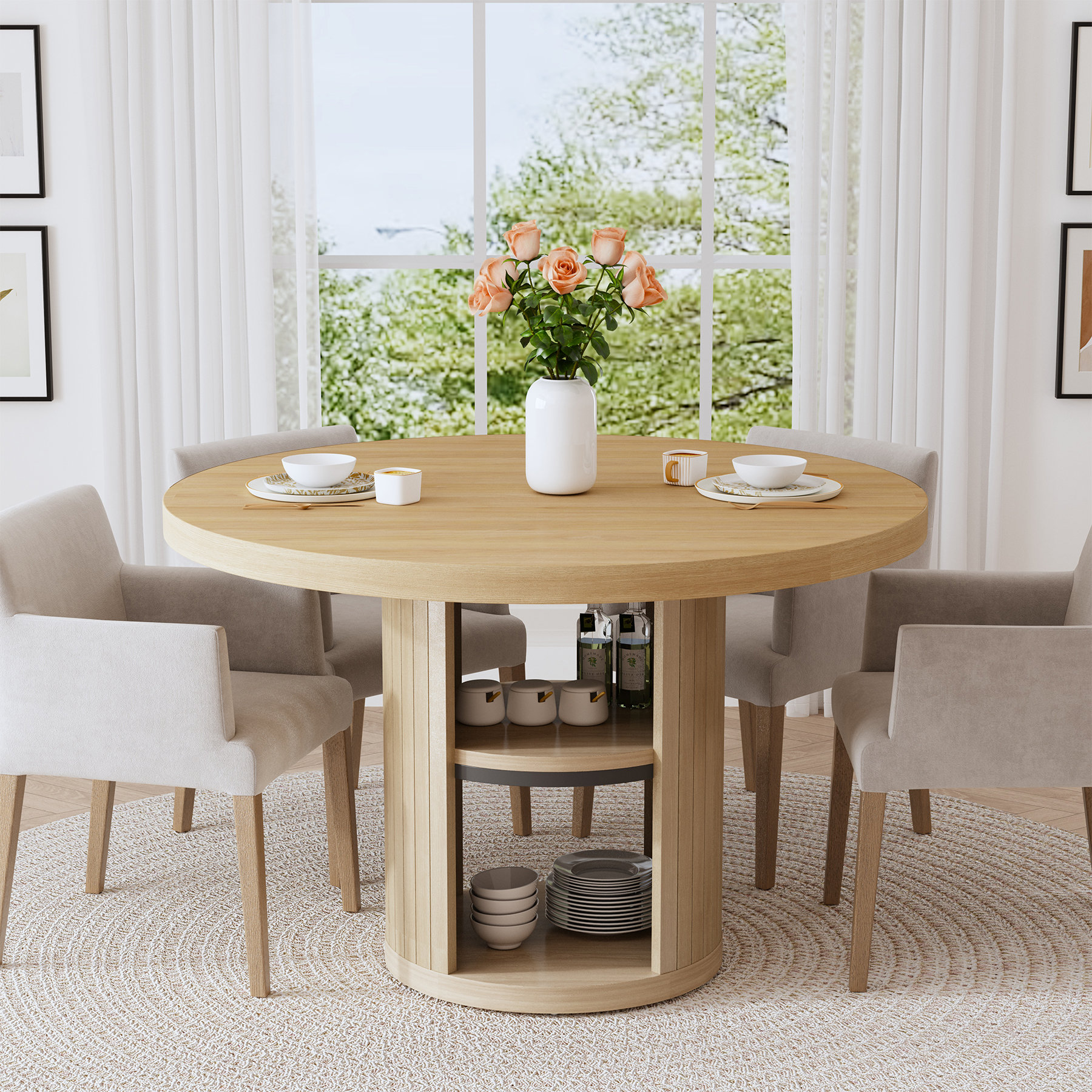 Ebern Designs 47-Inch Round Wood Dining Table With Storage, 4-6 People ...