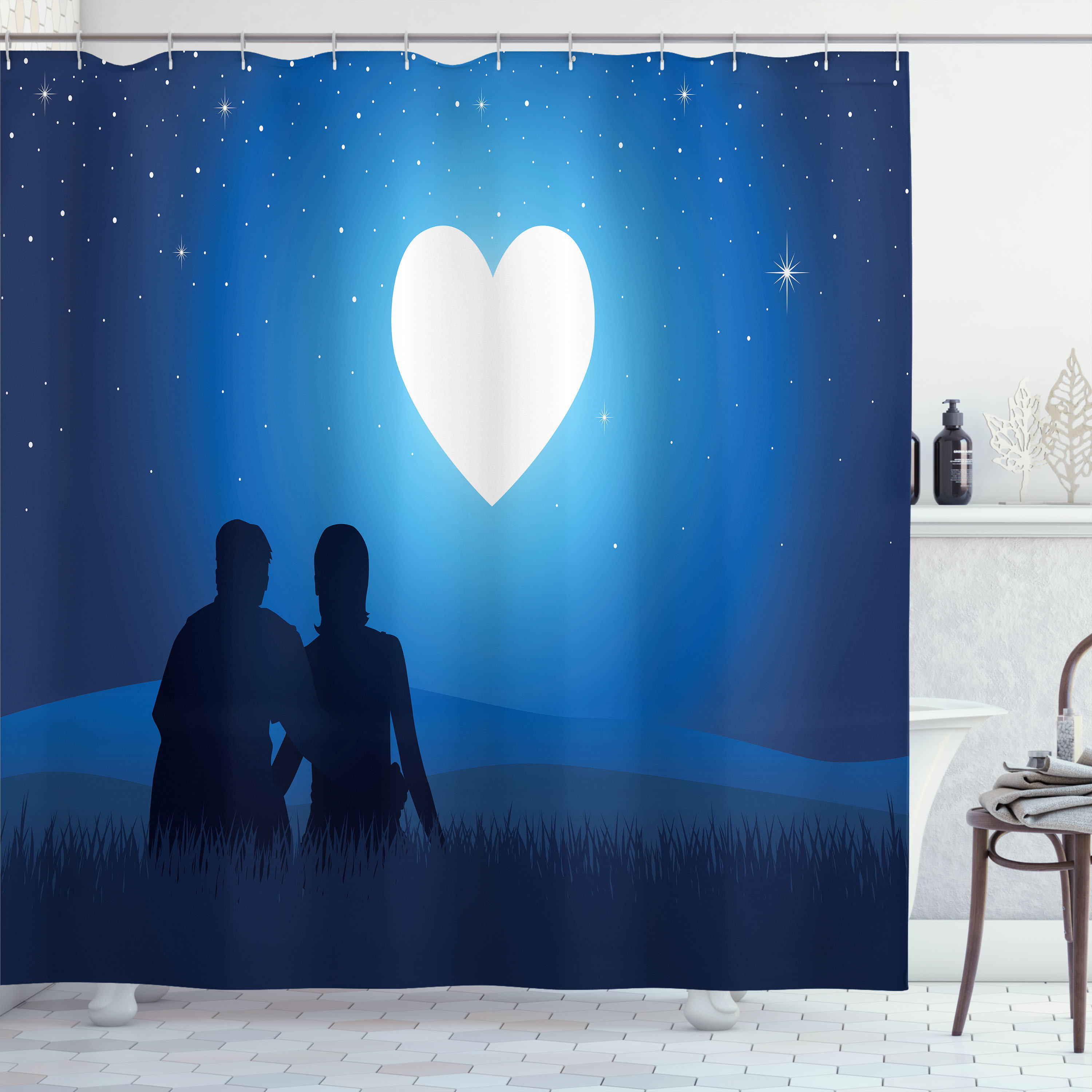 East Urban Home Romantic Shower Curtain Couple Silhouette Night Blue ...