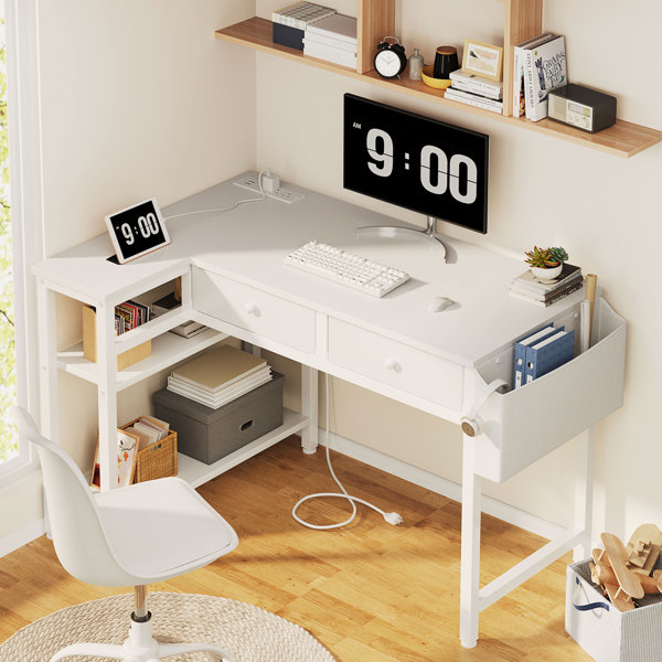 Ebern Designs White L Shaped Computer Desk With Drawers & Storage ...
