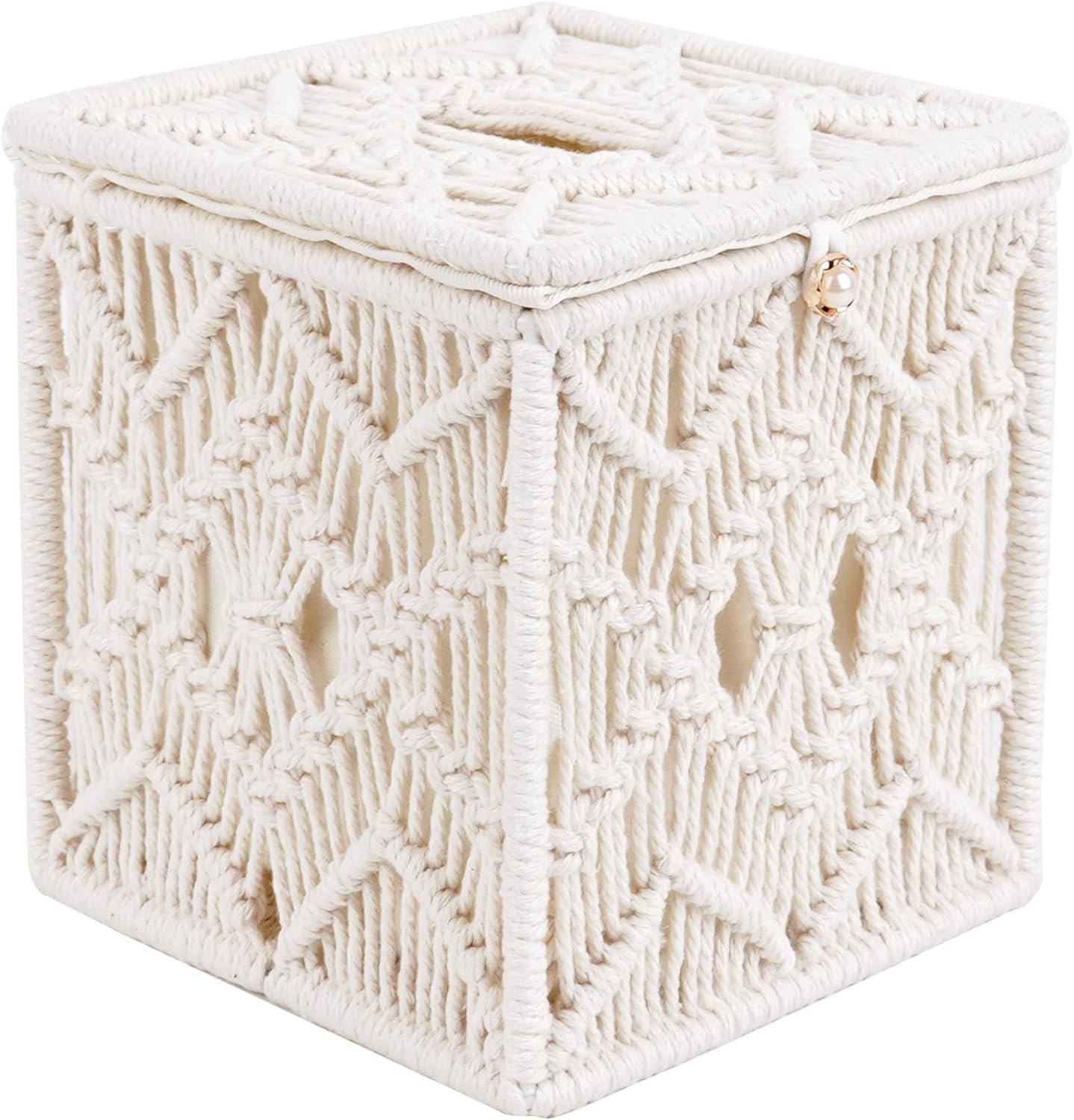 Dakota Fields White Macrame Braided Rope Boho Style Tissue Box Storage ...