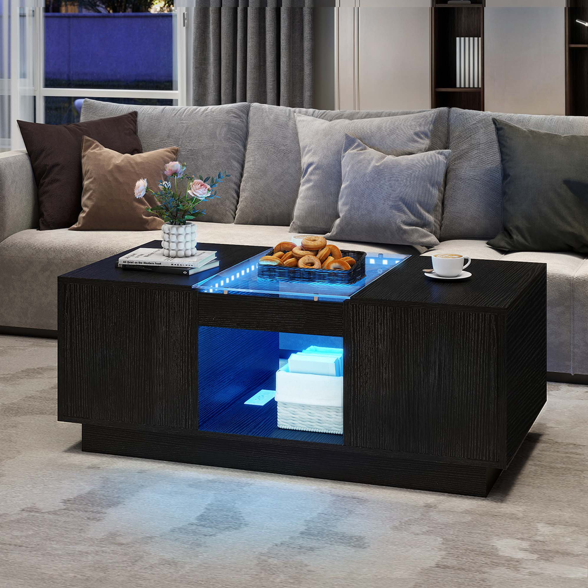Wrought Studio™ LED Modern Coffee Table With 2 Tiers 2 Drawers Storage ...