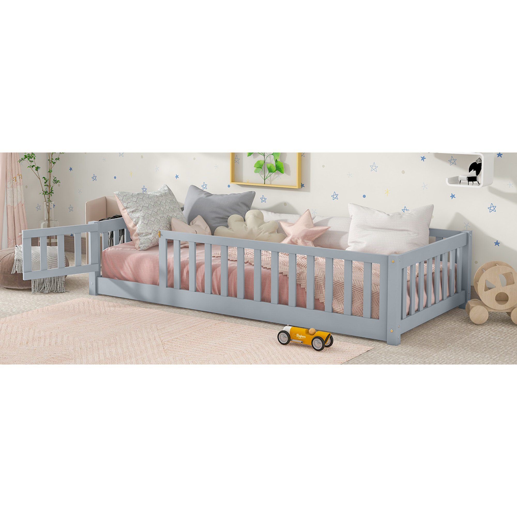 Harriet Bee Safe & Sturdy Twin Floor Bed, Rubber Wood, Modern Design ...