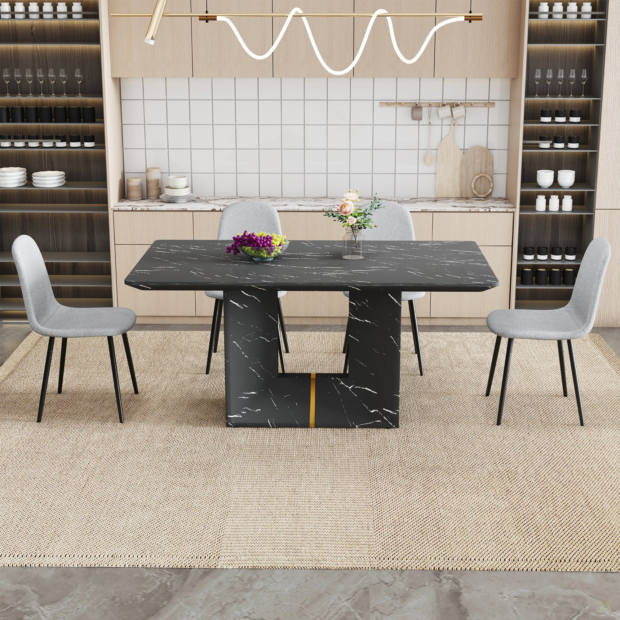 Wrought Studio™ Table And Chair Set.Black Marble Pattern MDF Dining ...
