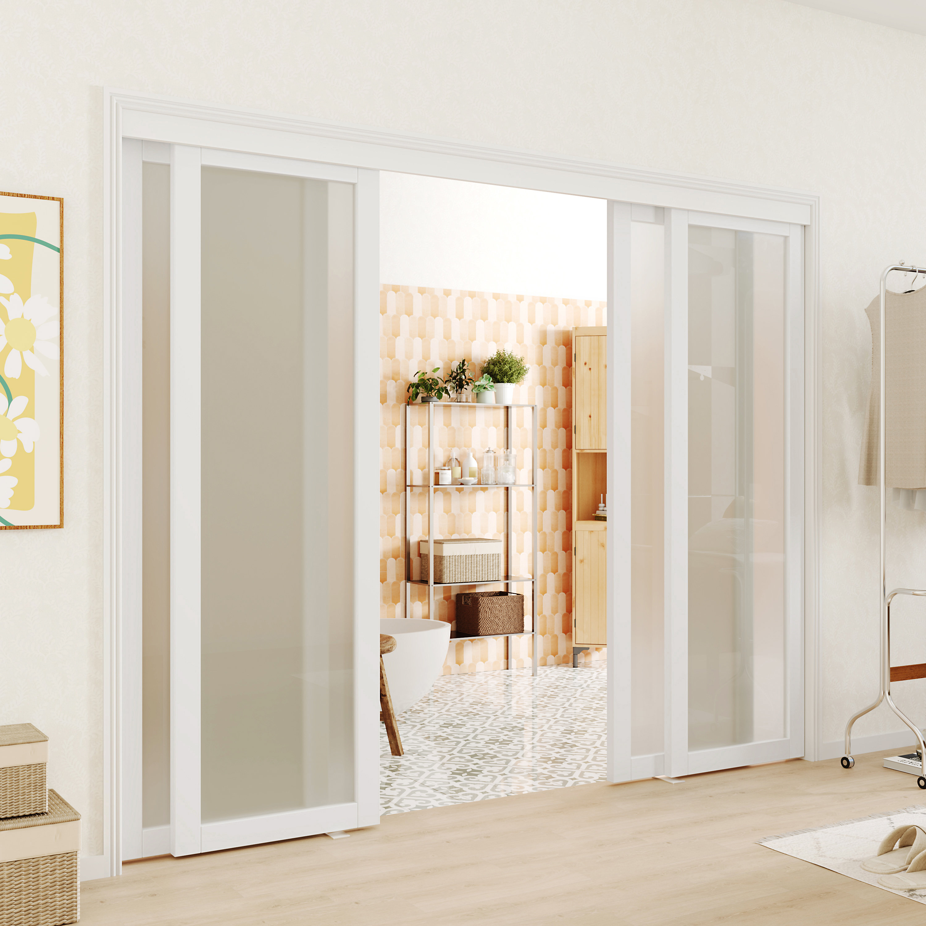 CHIC MODE Double Doors 1-Lite Frosted Glass Manufacture Wood Finished ...