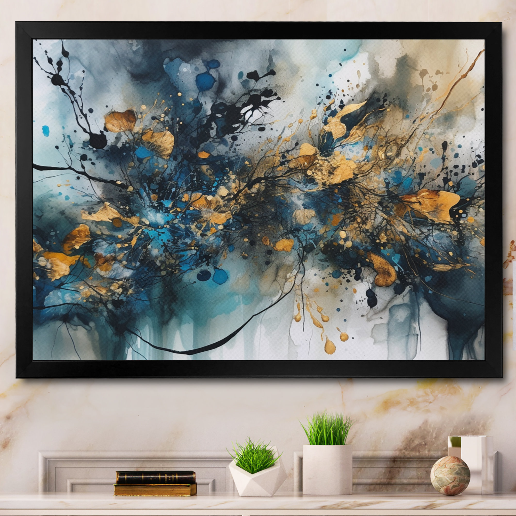 Mercer41 Blue Gold Captivating Liquid Ink - Abstract Marble Wall Art ...