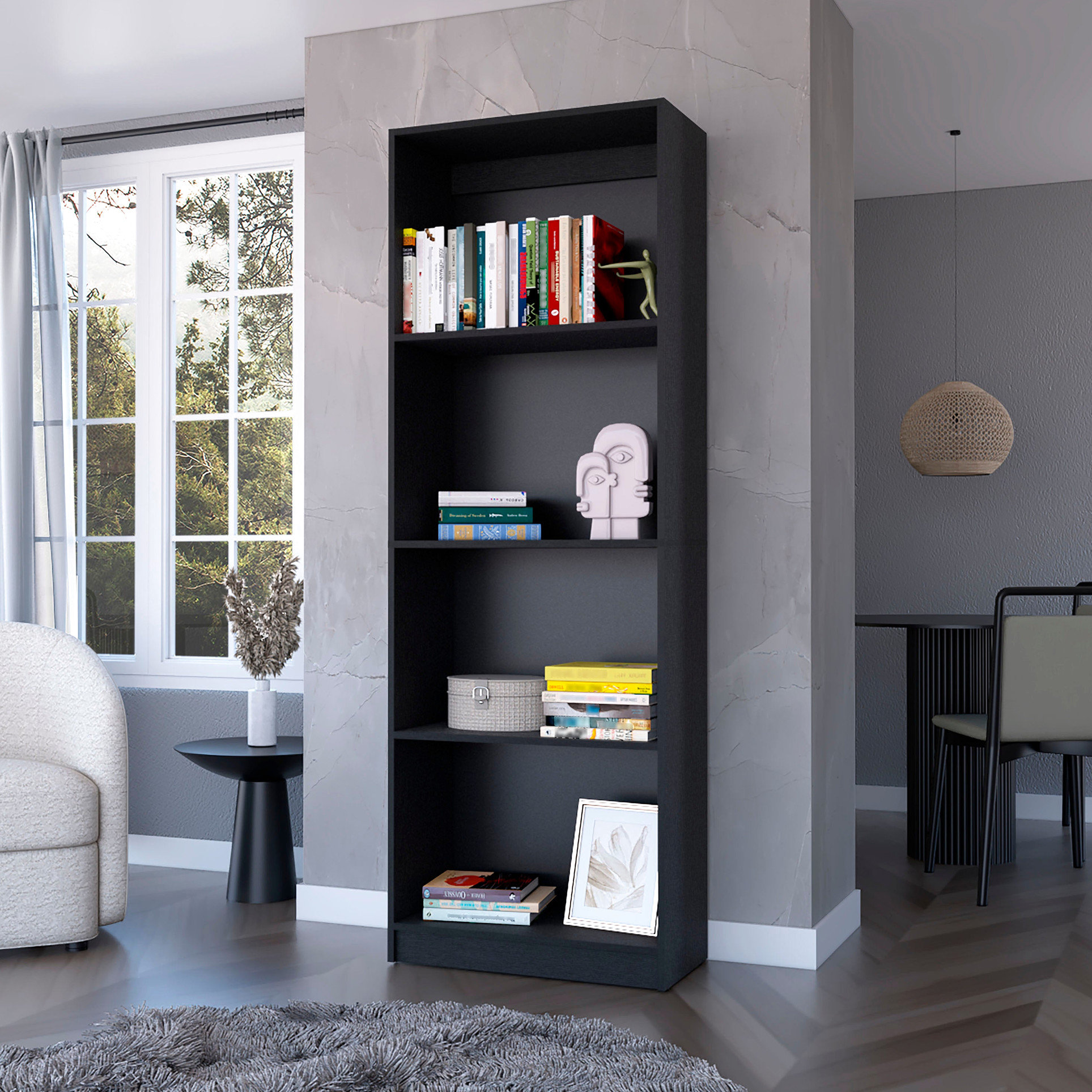 Banior Black Storage Bookcase With 4 Horizontal Shelves - Enhance Your ...