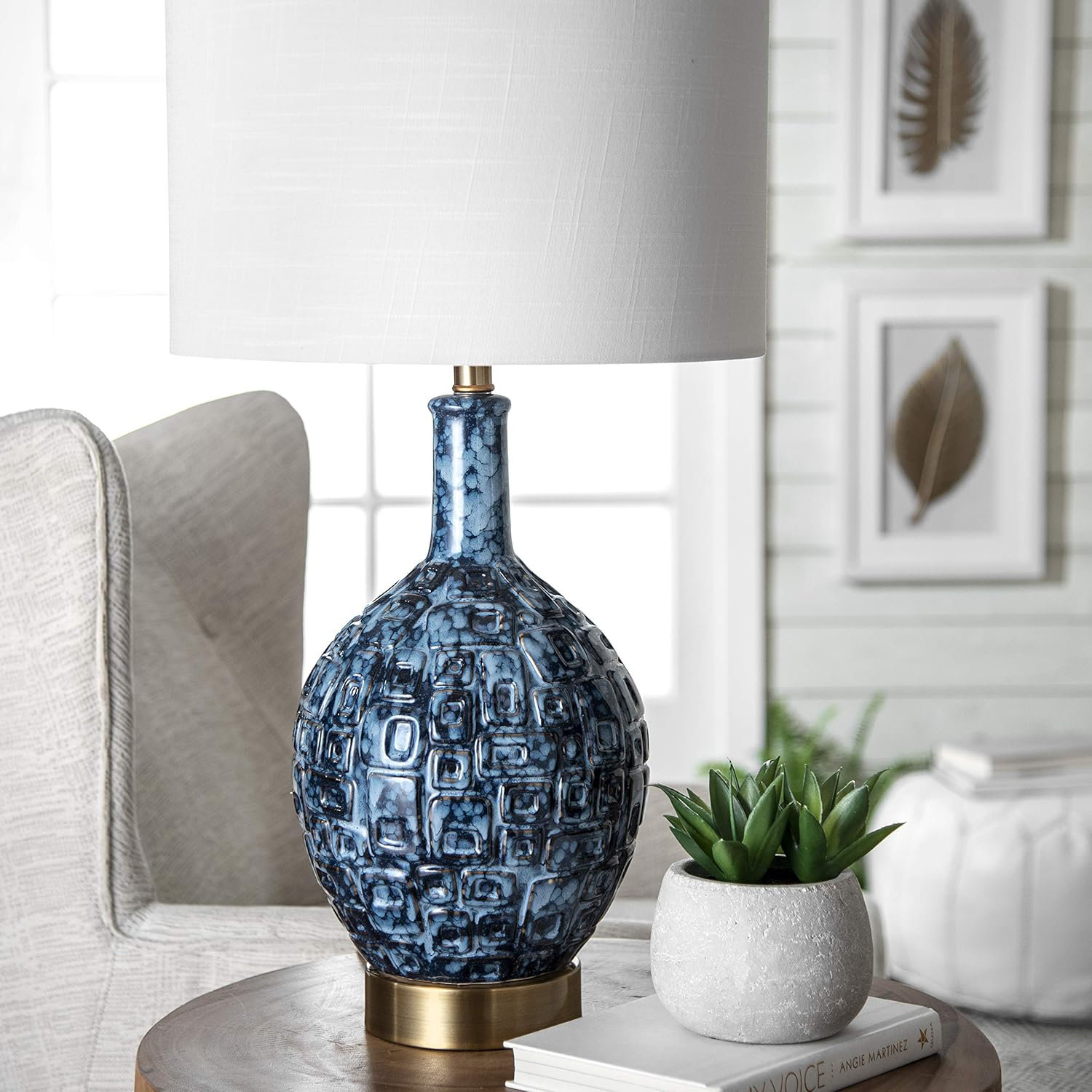 Everly Quinn Nuloom Tucson 28" Ceramic Table Lamp - Blue Linen Shade ...
