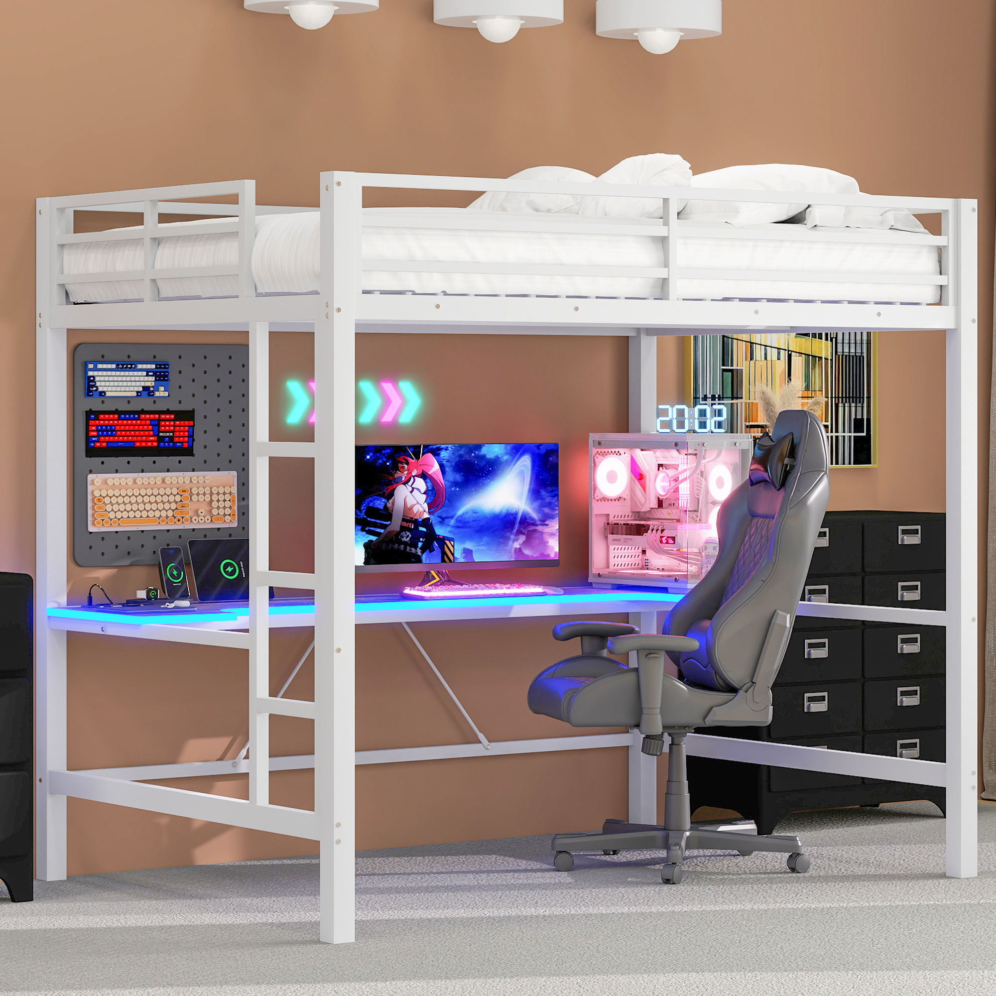 Isabelle & Max™ Full Size Gaming Metal Loft Bed Frame with LED Light ...