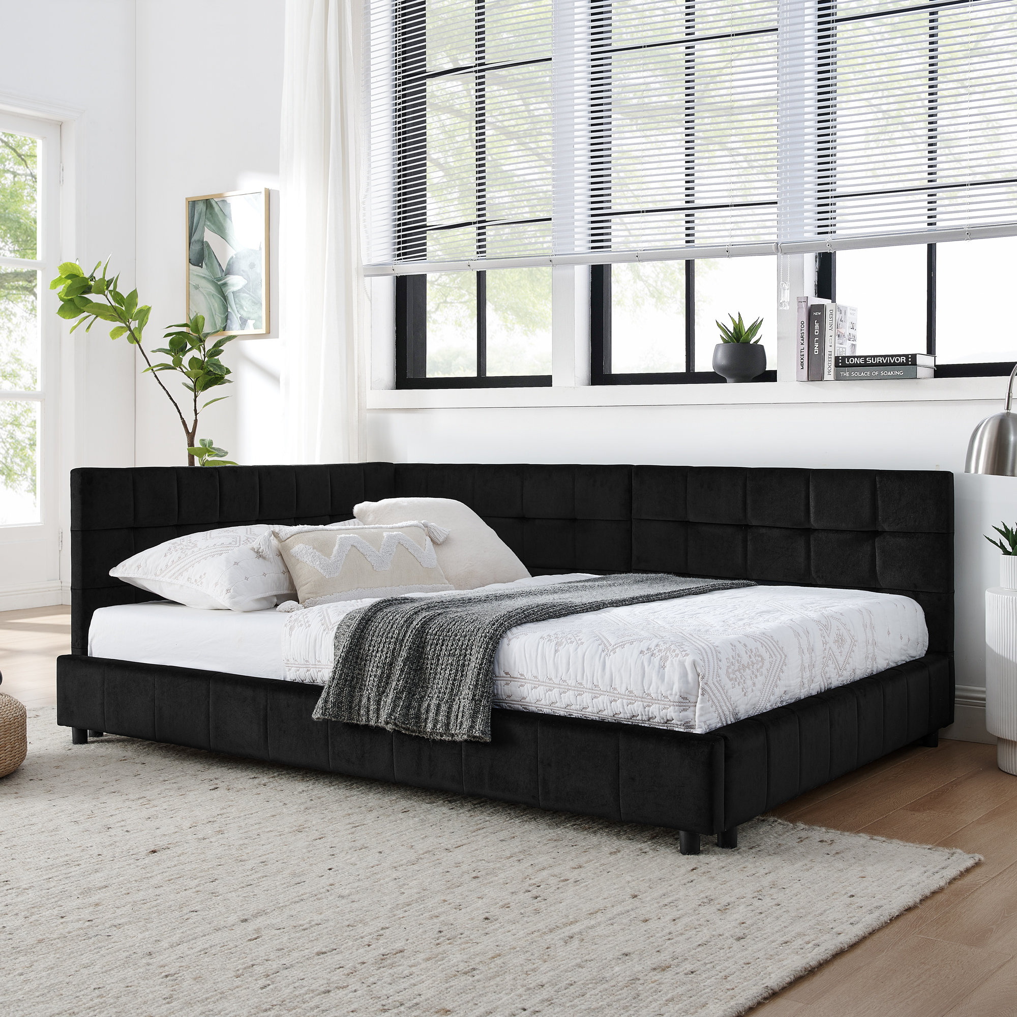 Latitude Run® Corner Bed With Grid Design, Modern Space-Saving Daybed ...