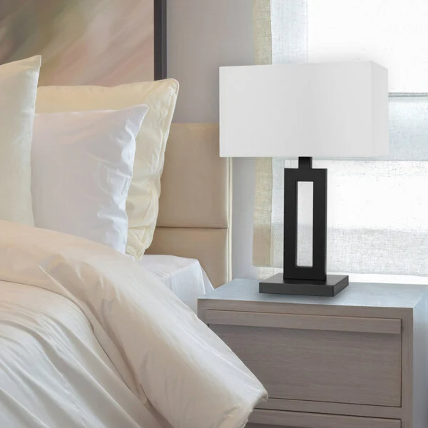 Hokku Designs Matte Black Table Lamp With White Rectangular Linen Shade ...