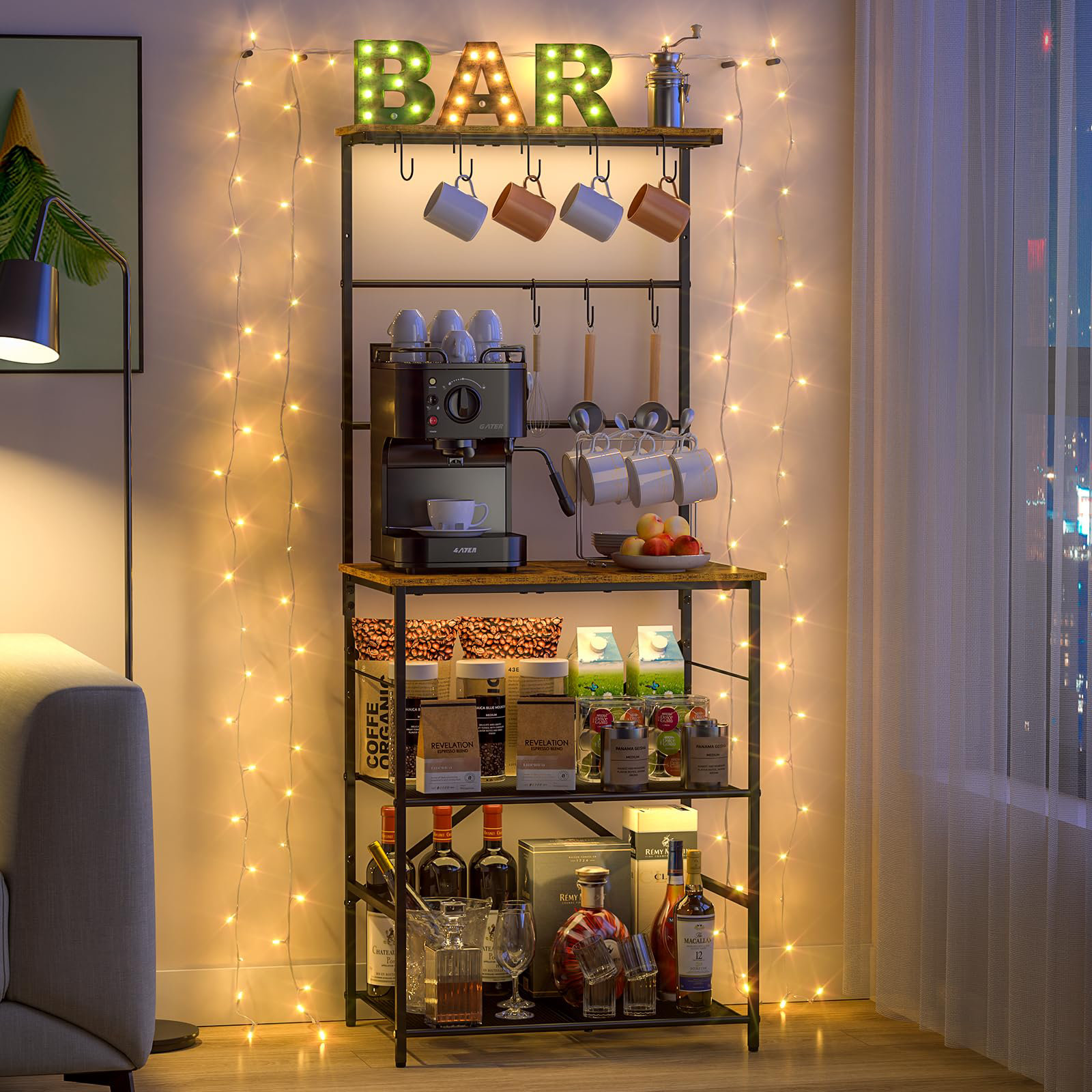 17 Stories Farmhouse Style Four Tier Coffee Bar Rack With 8 Hooks ...