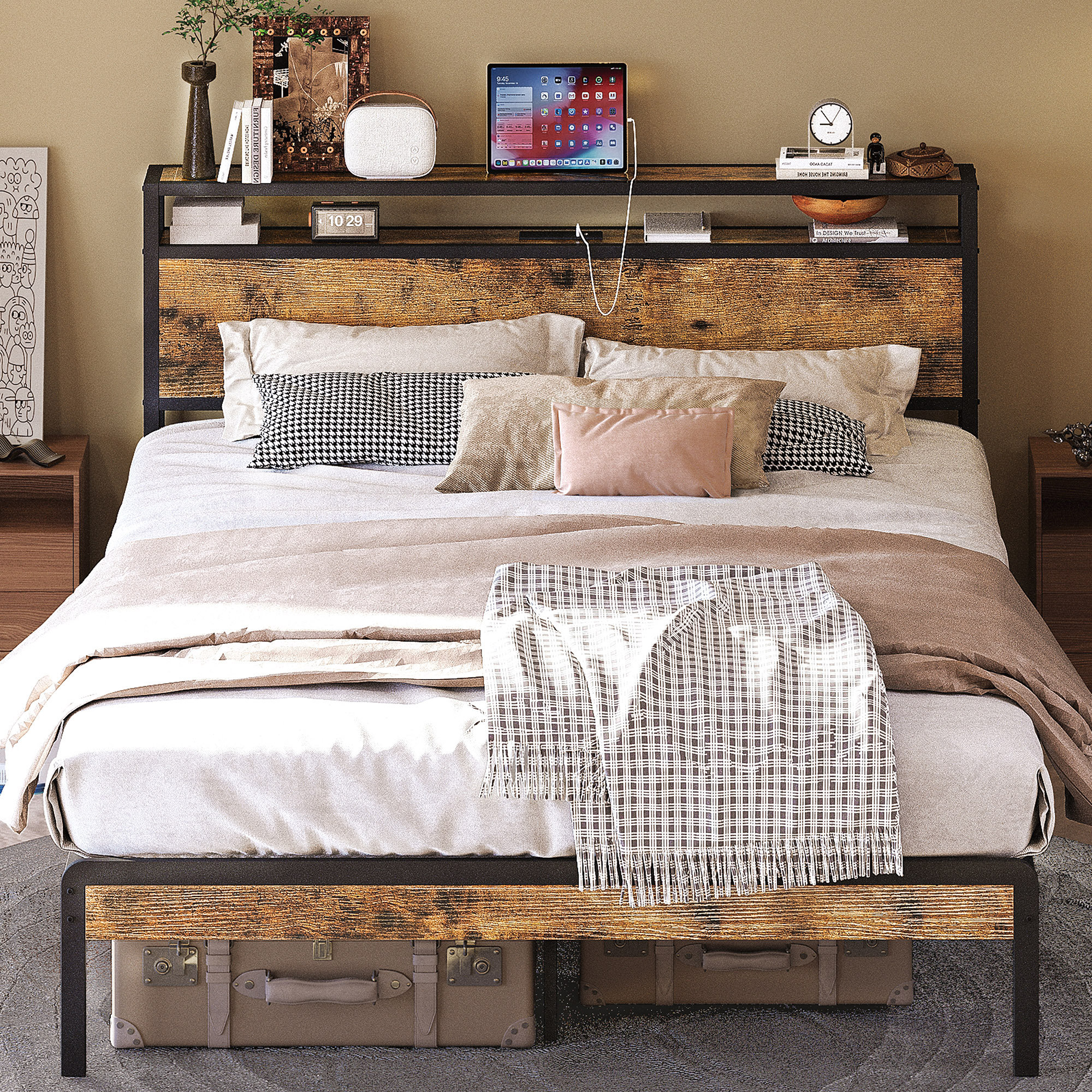 17 Stories Wood & Metal Platform Bookshelf Bed With Power Outlets ...