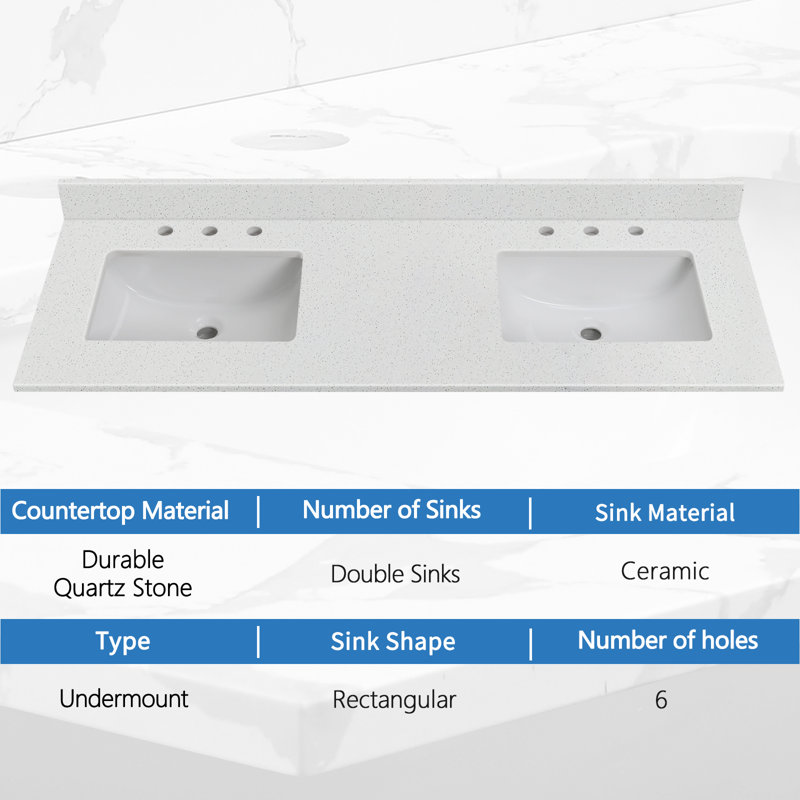 Enyibath 60'' Quartz Stone Double Bathroom Vanity Top with Sink and ...