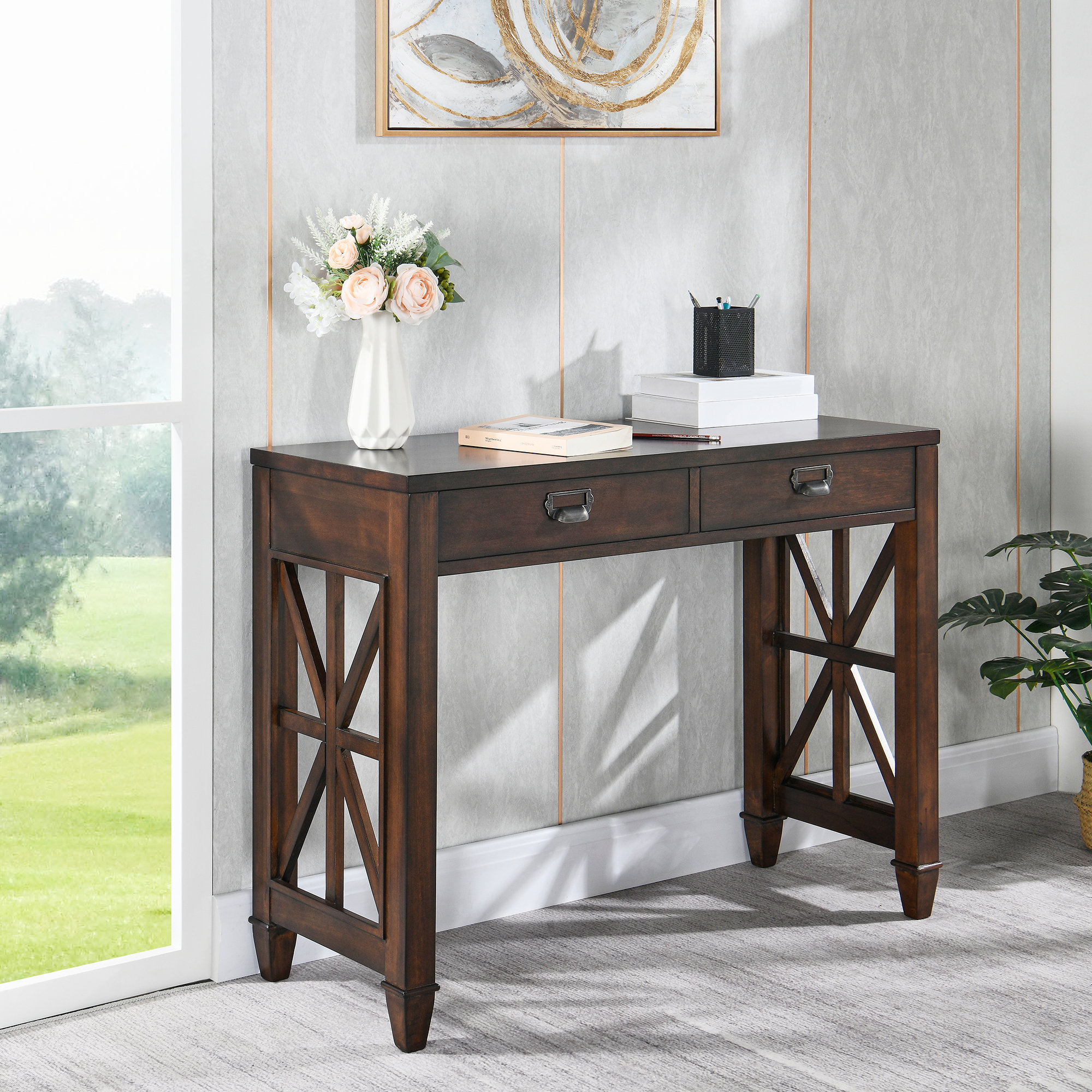 Gracie Oaks Computer Desk With 2 Storage Drawers For Home Office ...