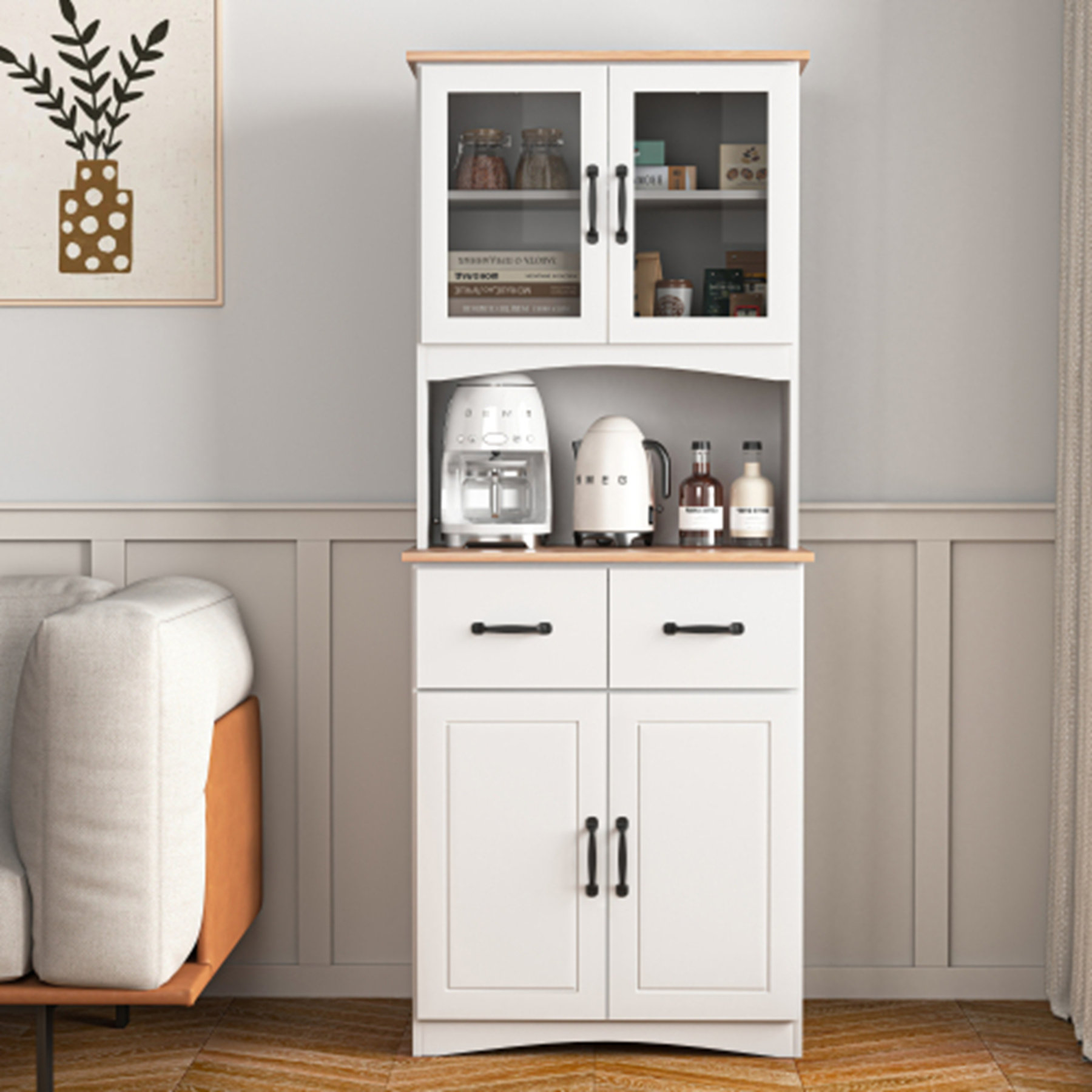 Latitude Run® Wooden Kitchen Cabinet White Pantry Room Storage Microwave Cabinet with Framed ...