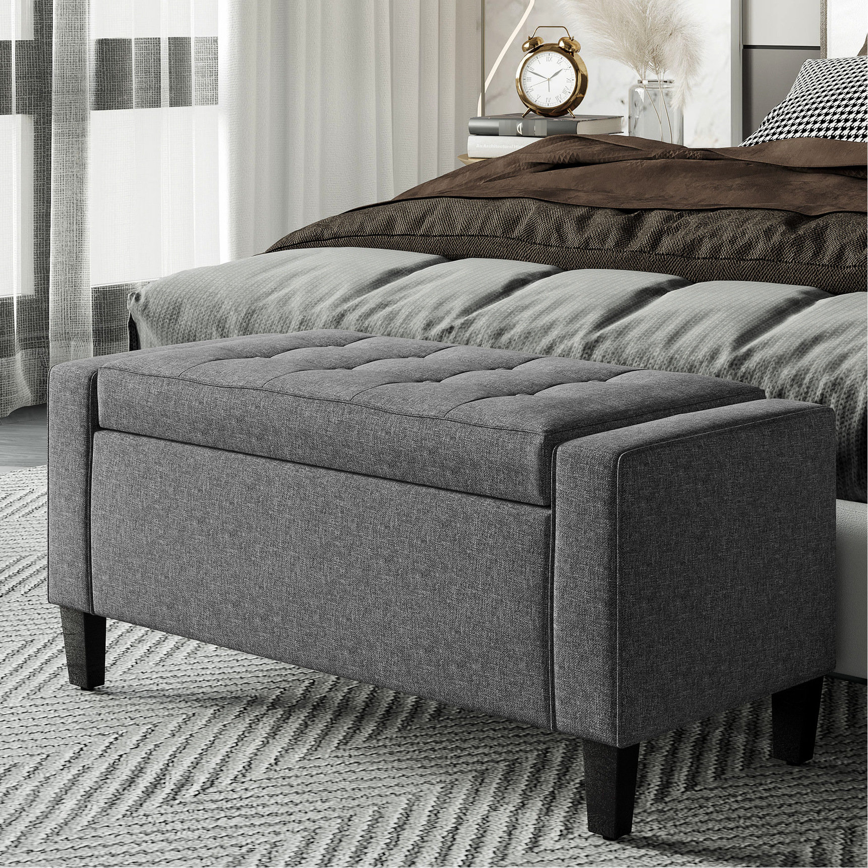 Lark Manor™ Gray Linen Upholstered Storage Bench, Lift Top And Button ...