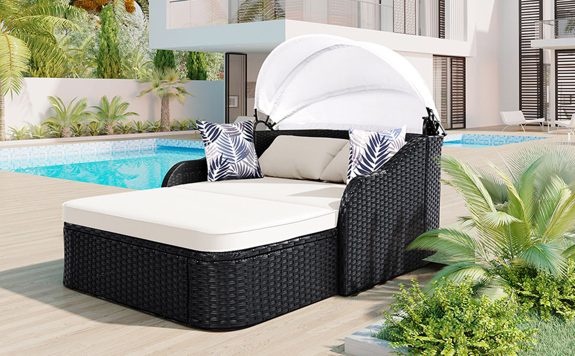 Winston Porter Outdoor Sunbed With Adjustable Canopy, Double Lounge, PE ...