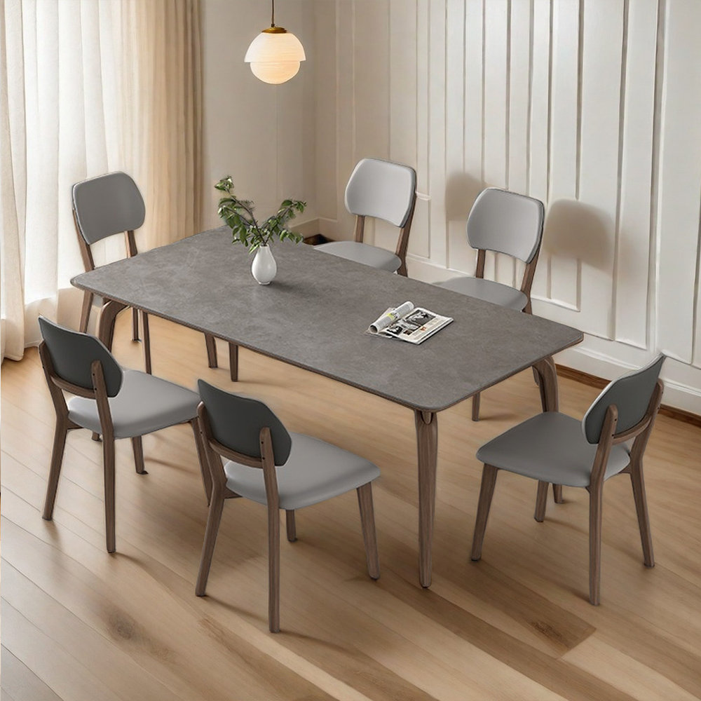 HomeLuxea White Ash Sintered Stone Table And Oak Chairs Set Dining Set ...