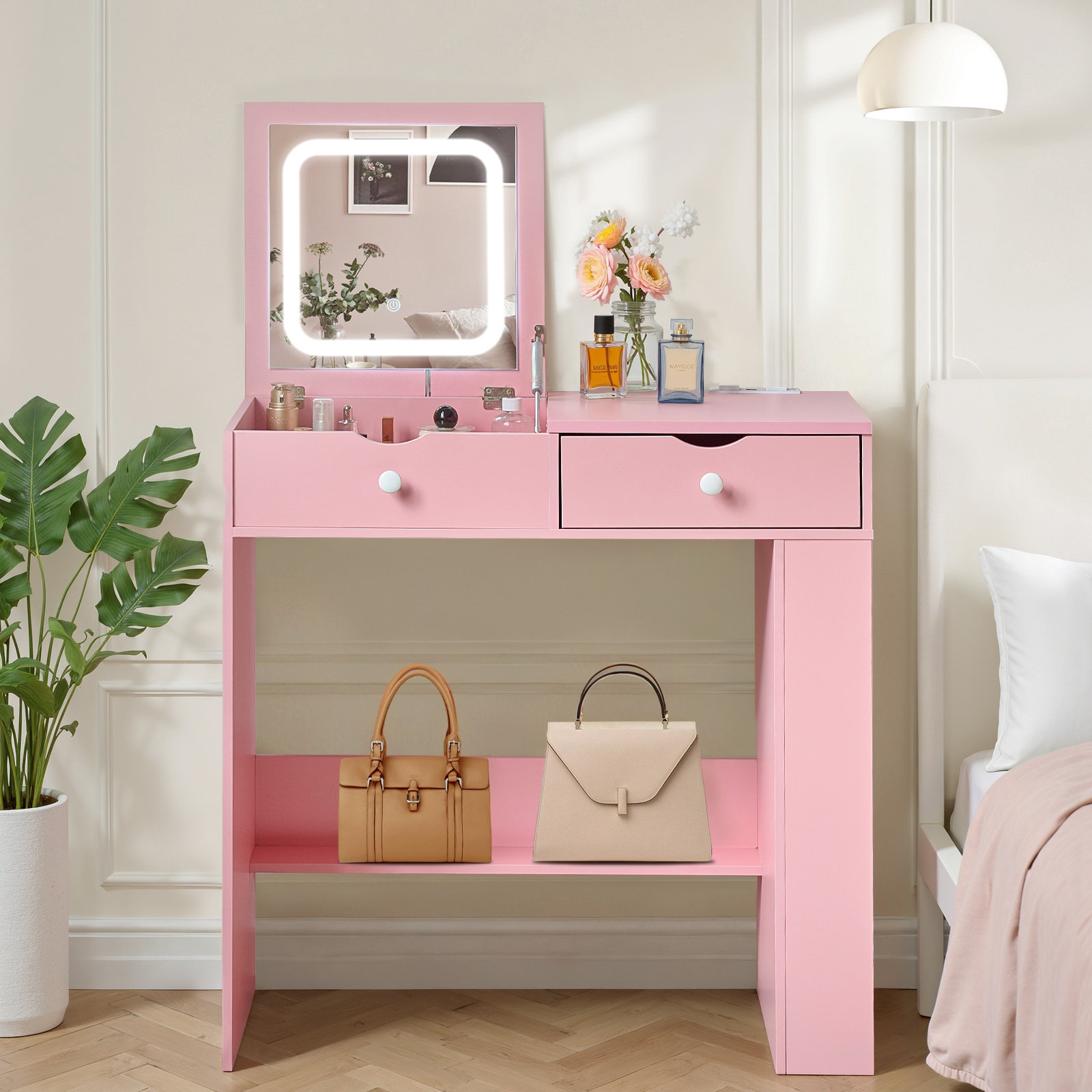 Ebern Designs Commode à miroir rabattable rose moderne, commode avec ...
