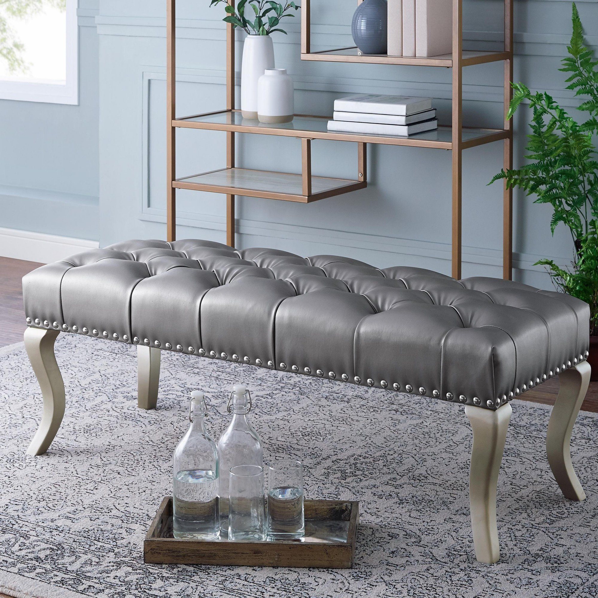 House of Hampton Sturdy Button Tufted Upholstered Bench with Nailhead ...