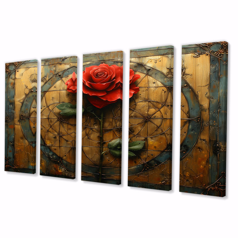 Design Art Red Rose Geometric Vintage Gold II - Rose Wall Art 5 Piece ...