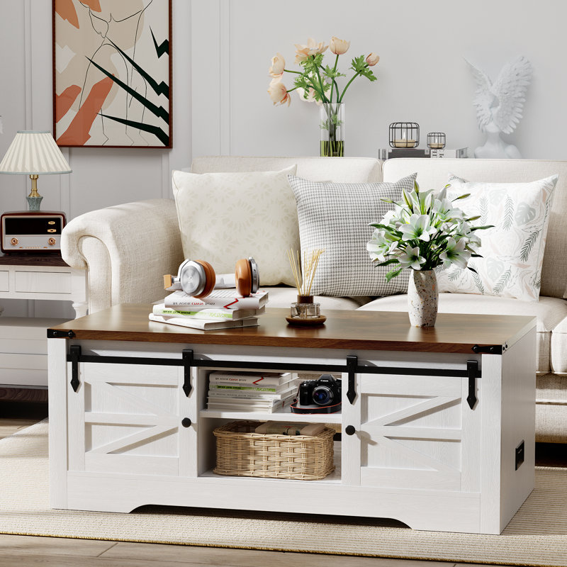 HOMEIBRO Barn Style Farmhouse Coffee Table with Sliding Barn Door | Wayfair