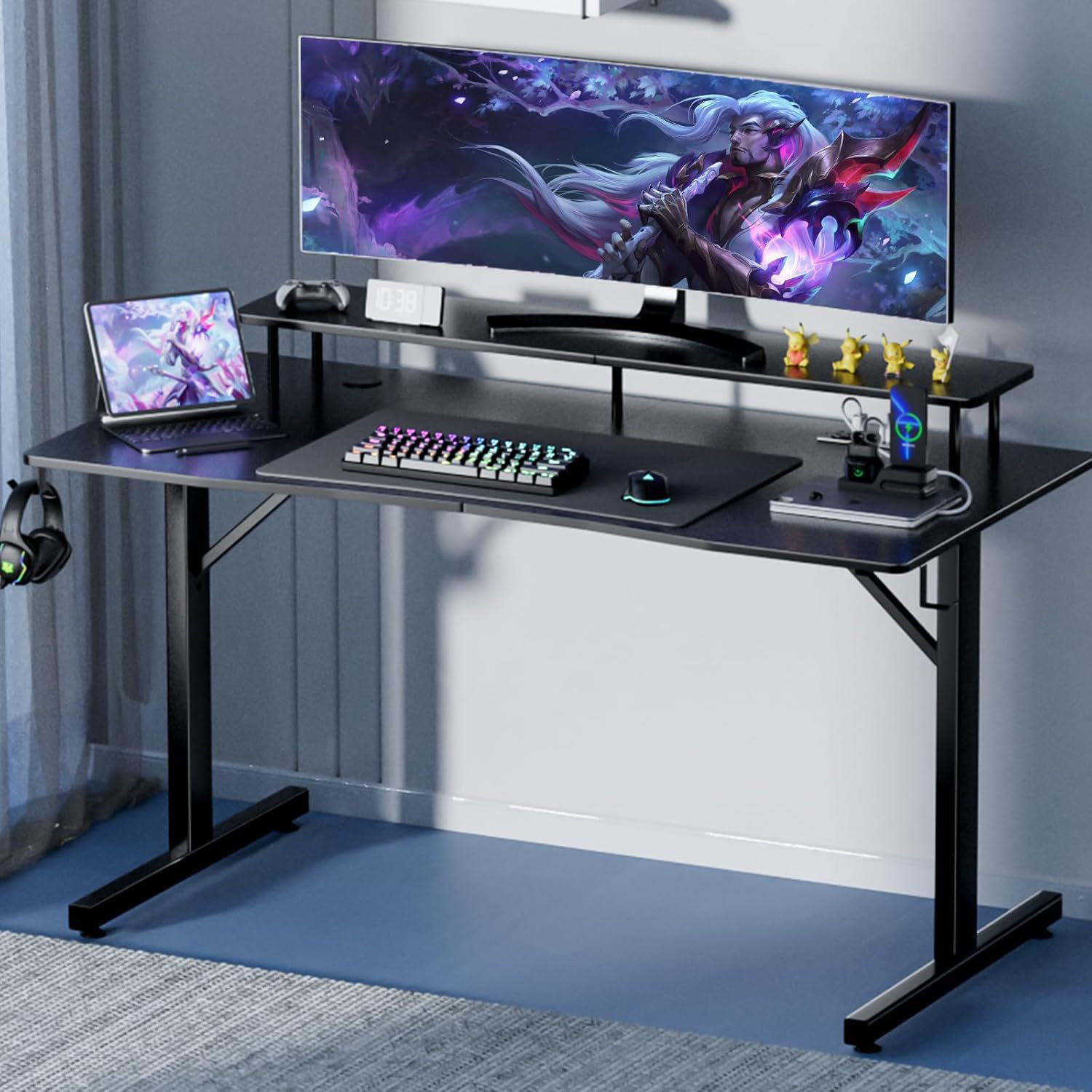 Ivy Bronx 55 Inch Gaming Desk With LED Lights & Power Outlet, Computer ...