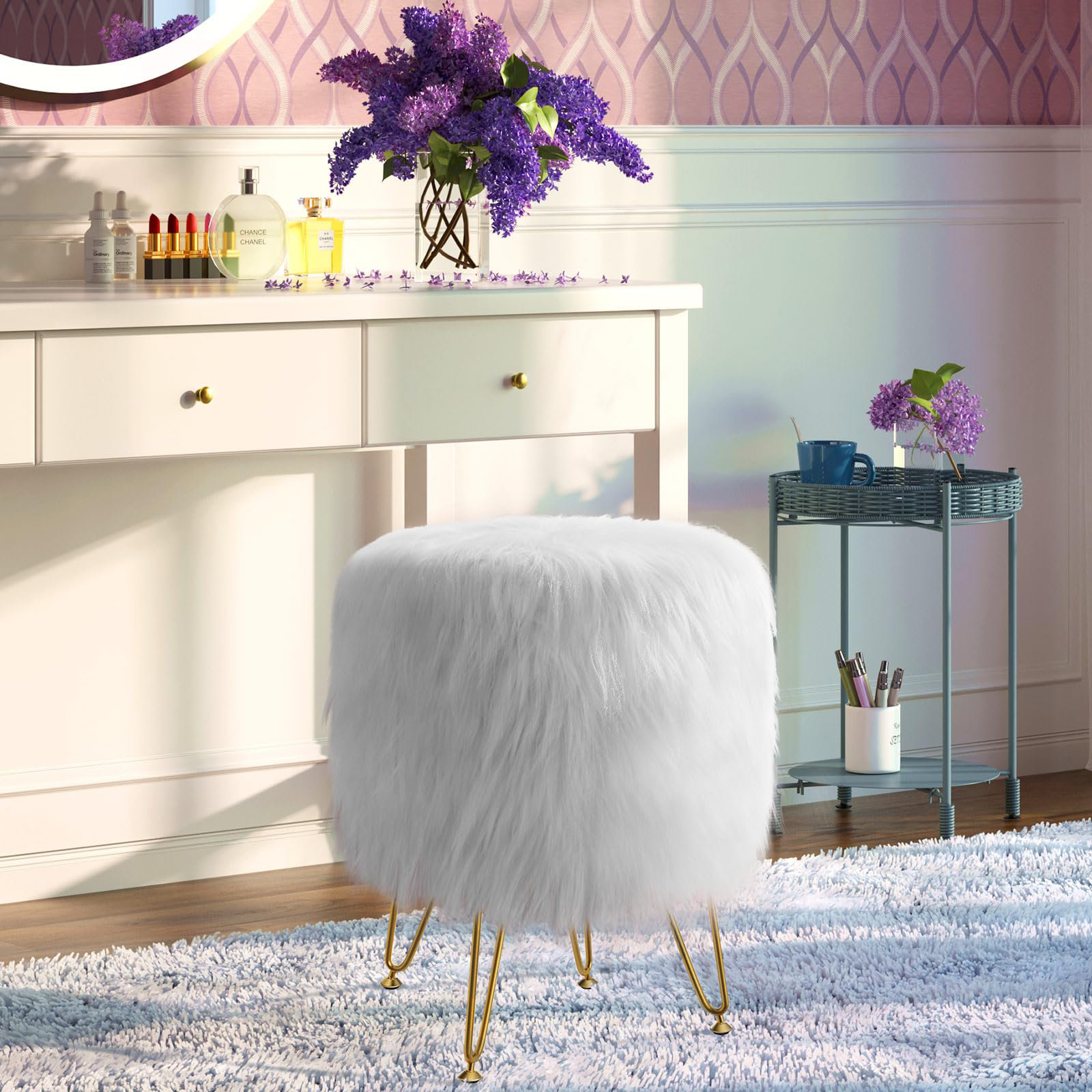 Mercer41 Vanity Stool Chair With Storage, 13.5" W X 18" H Round Ottoman ...