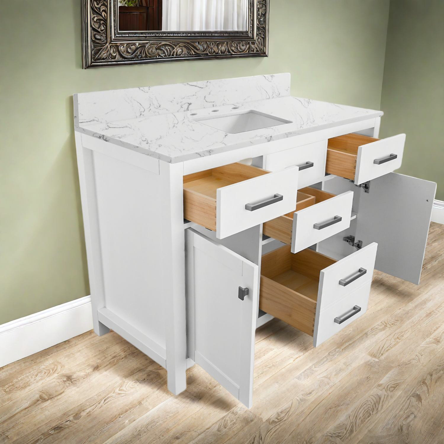Ebern Designs Elegant White Wood Vanities With Compact Storage Sink ...