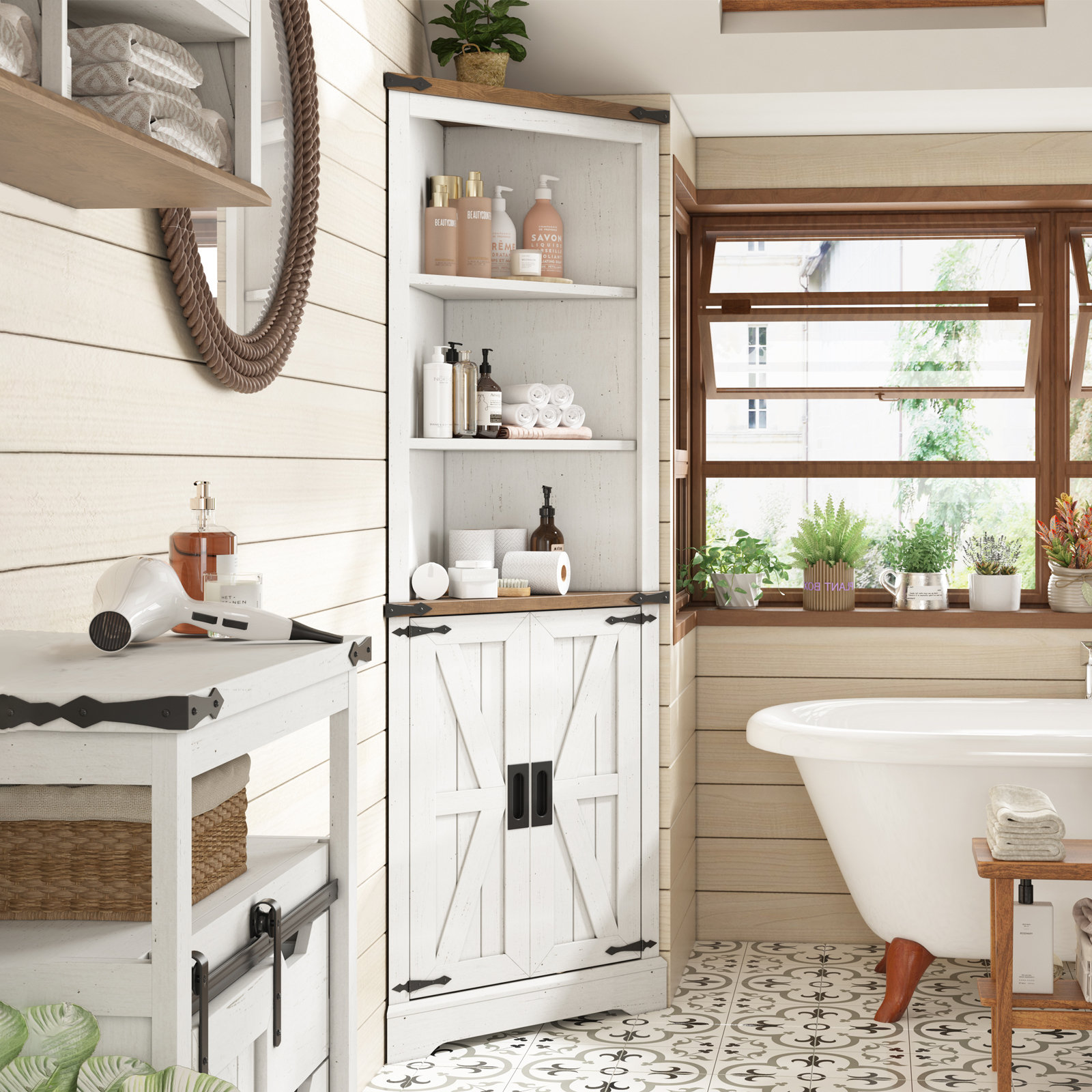 Gracie Oaks Farmhouse Tall Corner Cabinet, Barn Door Design/ Adjustable ...