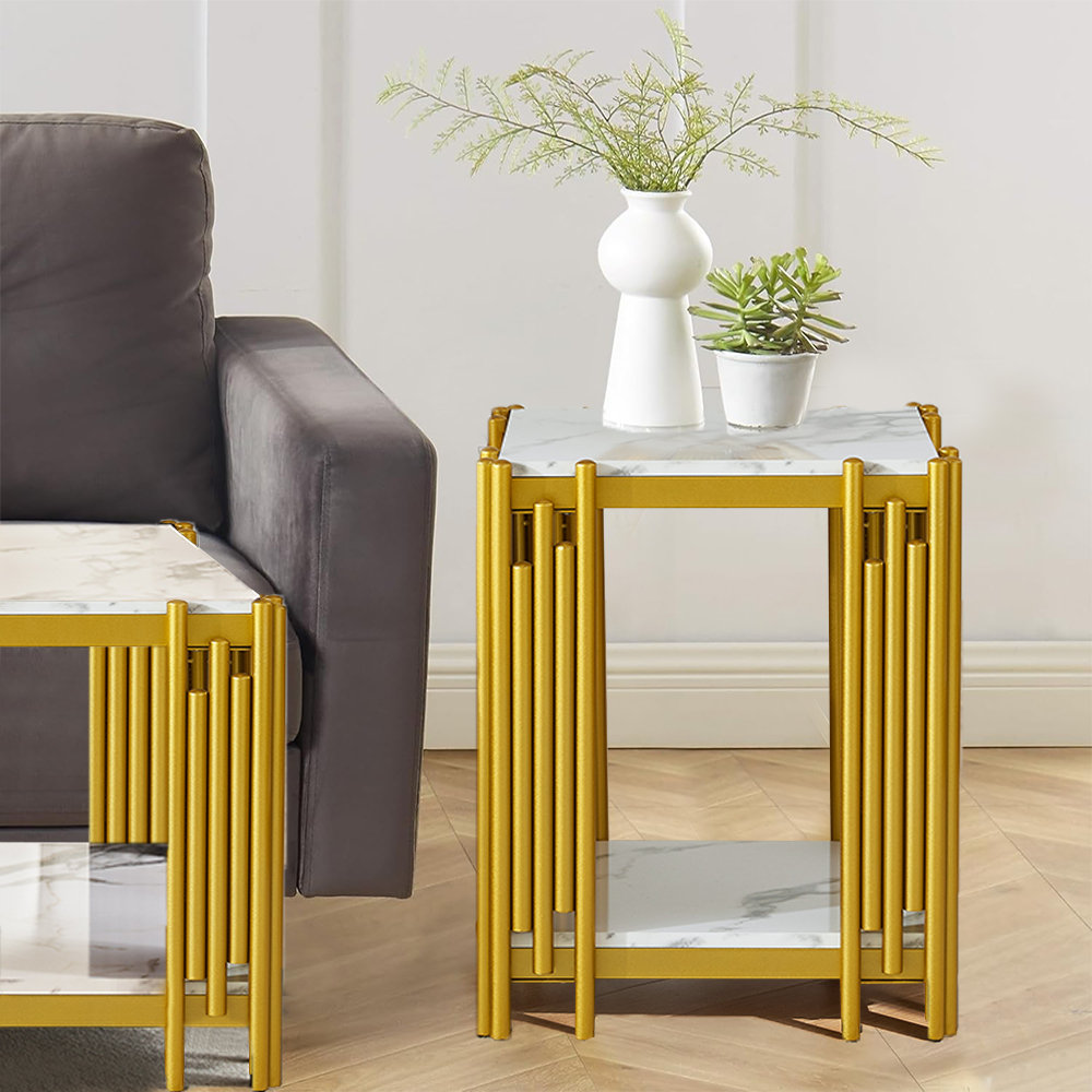 Wrought Studio™ Modern Marble 2-Tier End Table, Metal Frame Grain ...