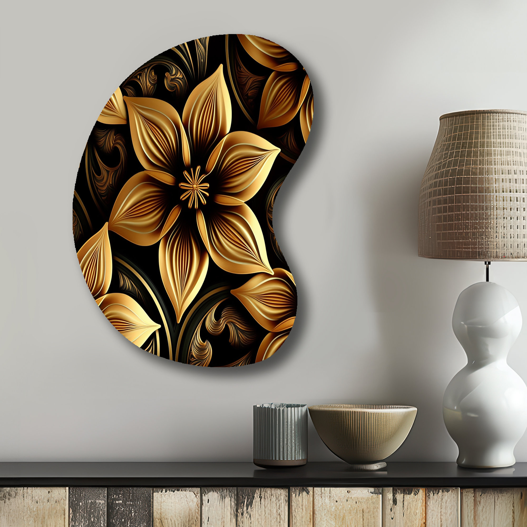 Lark Manor™ Golden Lily On Black II - Floral Lily Boom Shape ...