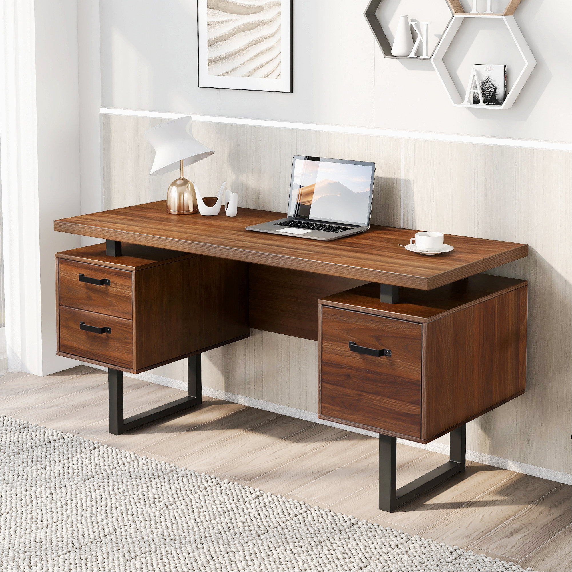 Latitude Run® Study Desk with Hanging Files, Drawers,Effortless ...