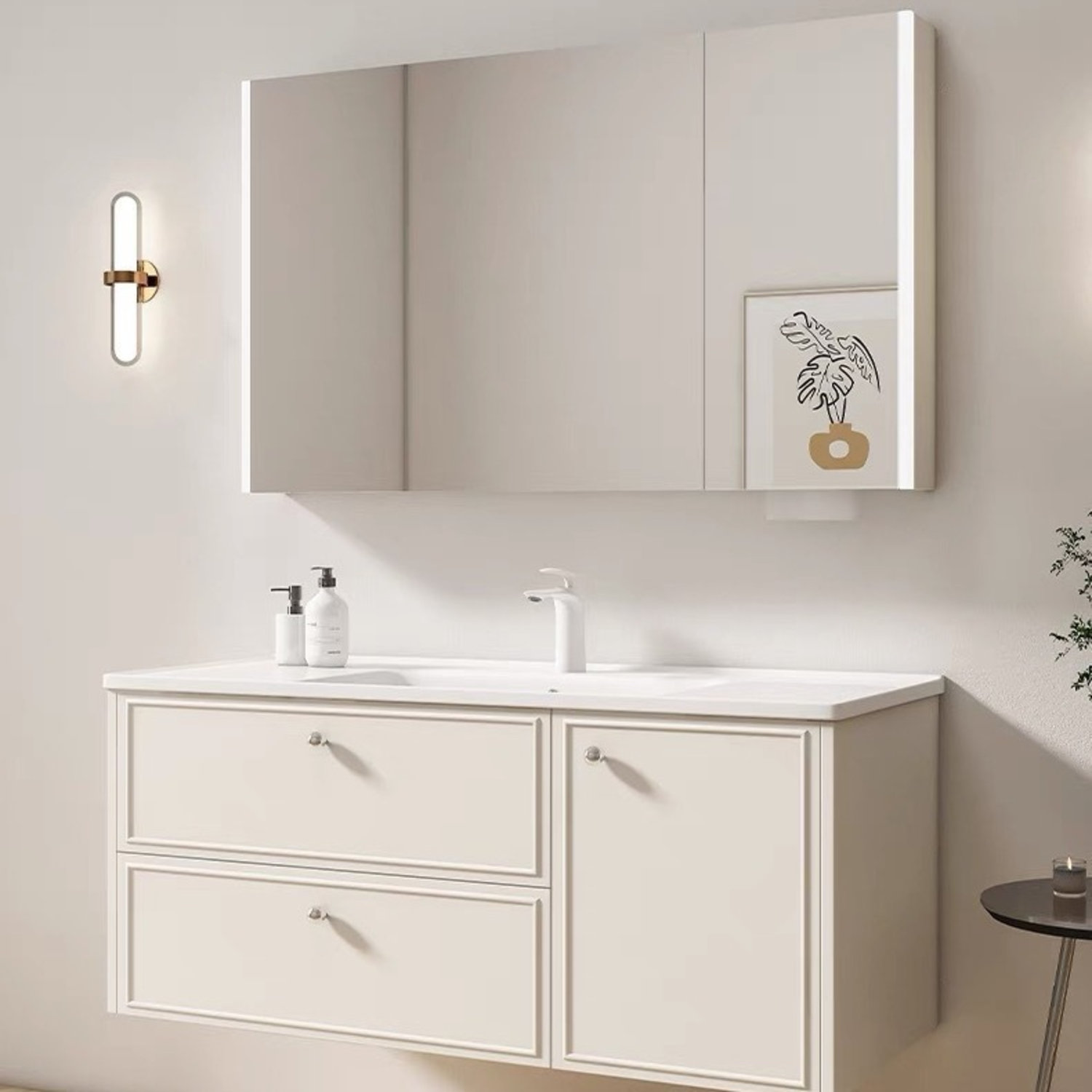 Ebern Designs Cream-colored Bathroom Vanity With Integrated Ceramic ...