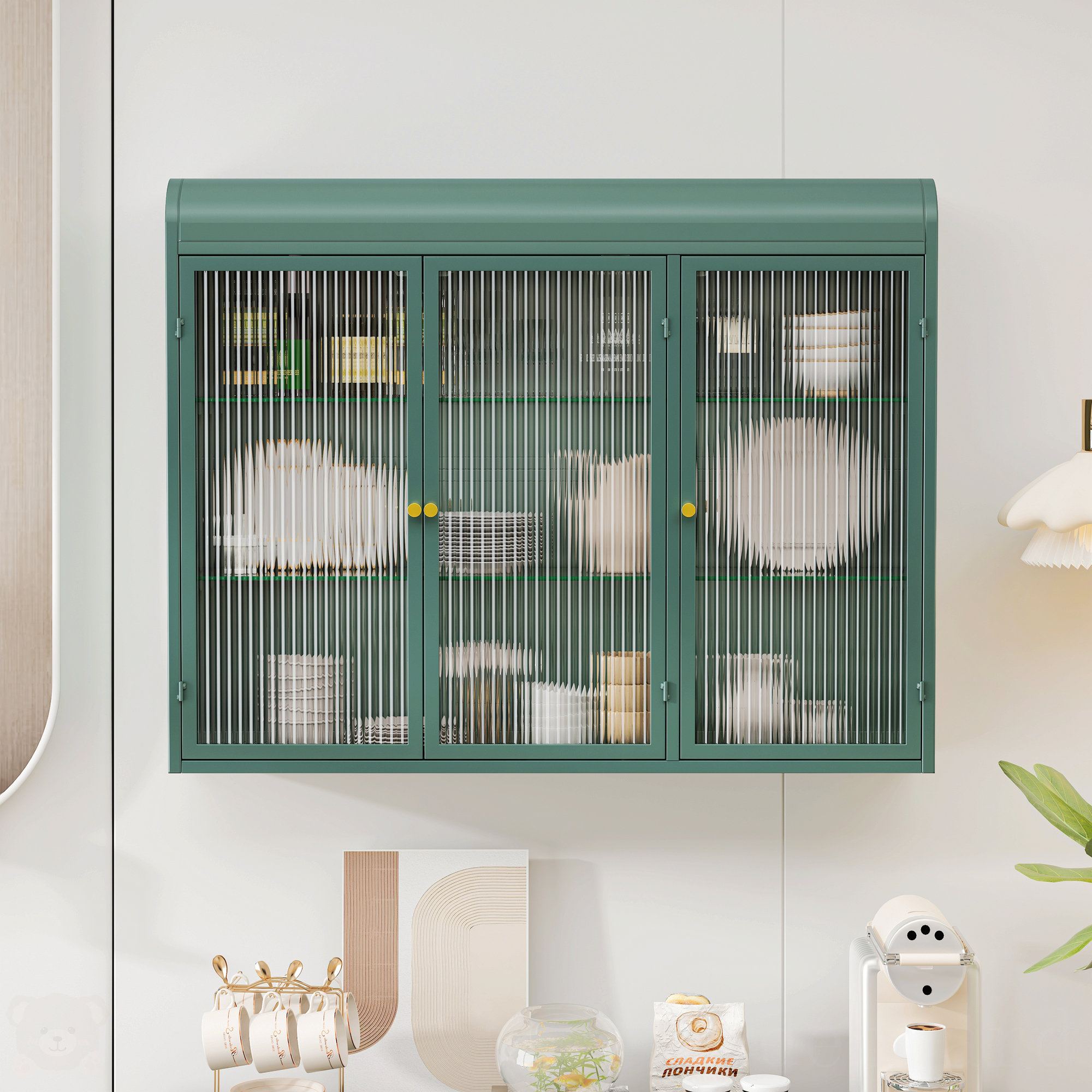 Ebern Designs 3 Door Arched Wall Mounted Glass Cabinets For Kitchen ...