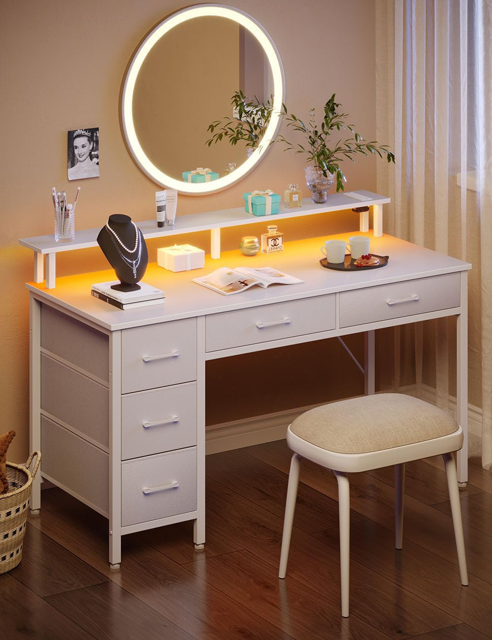 Inbox Zero Computer Desk With Built-In Power Outlets, LED Light, And 5 ...