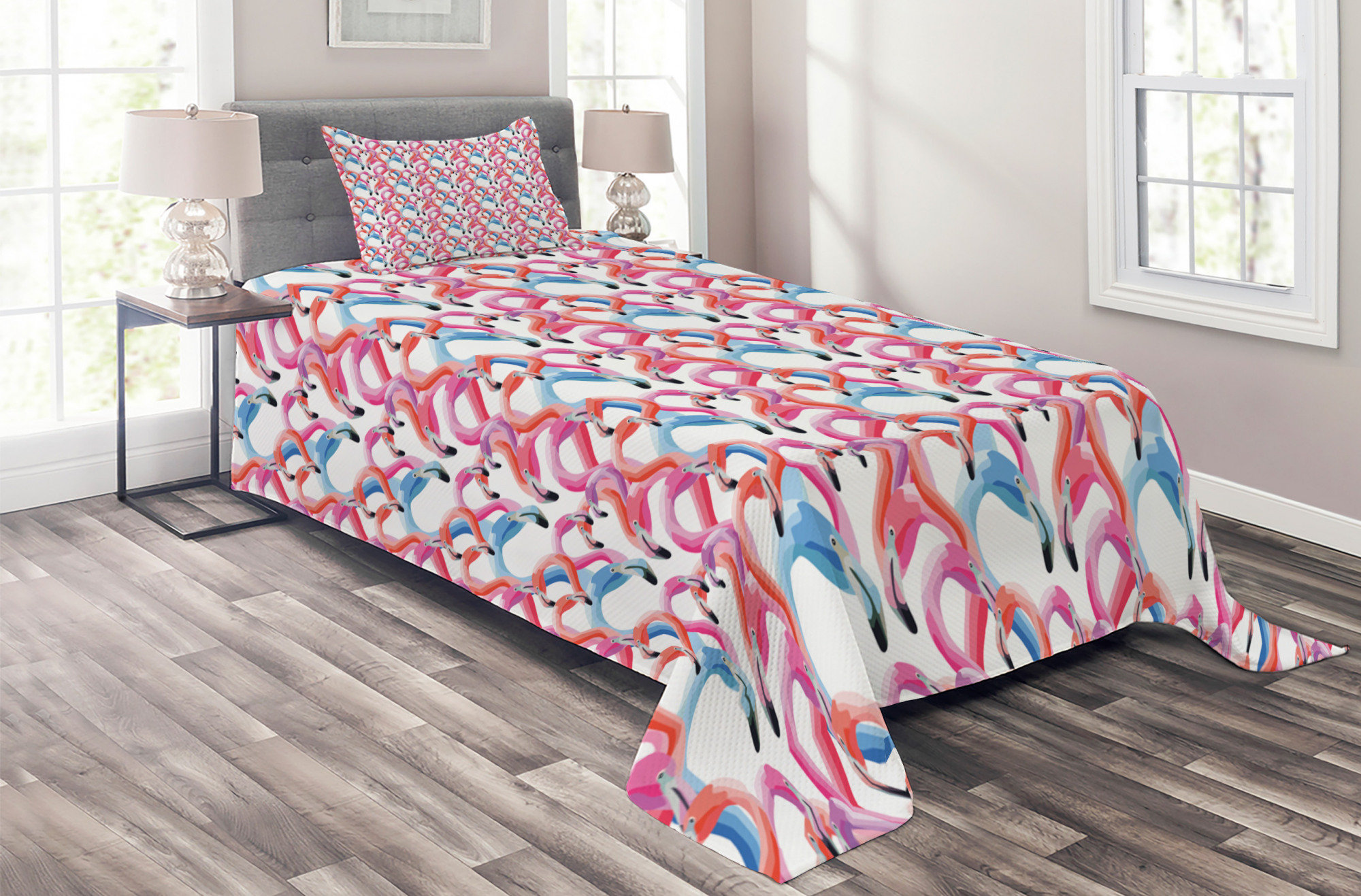 Ambesonne Flamingo Pink/Blue/Orange Microfiber Coastal Coverlet ...