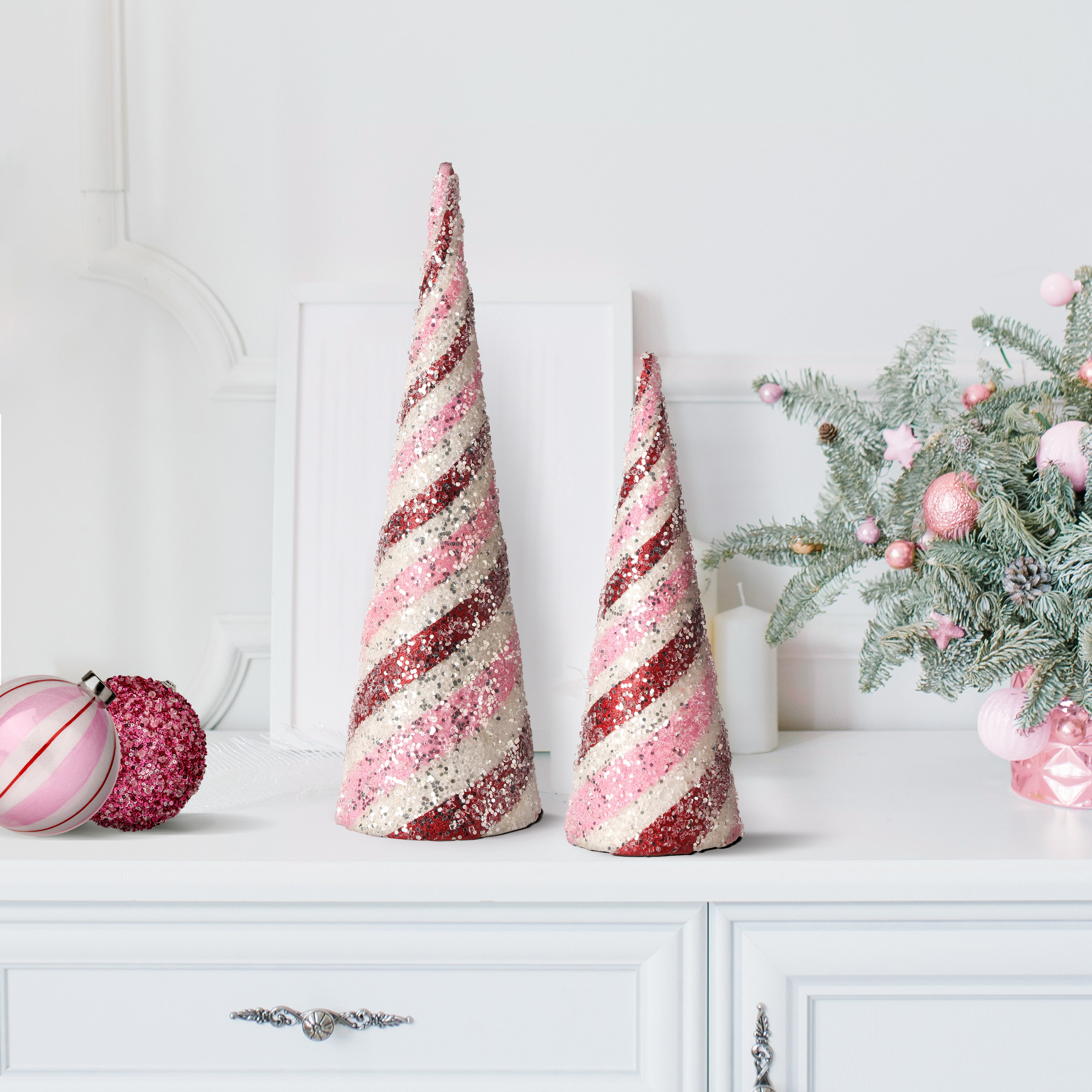 The Holiday Aisle® 18" Glitter Iced Striped Cone Tree Set of 2 | Wayfair