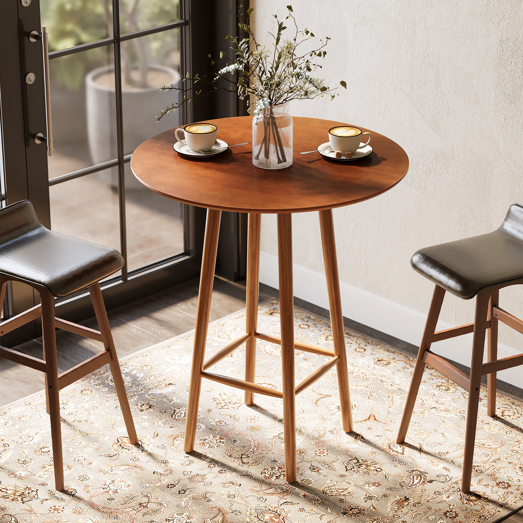 George Oliver 39.37" Round Bar Table, Solid Wood Bistro Table With ...