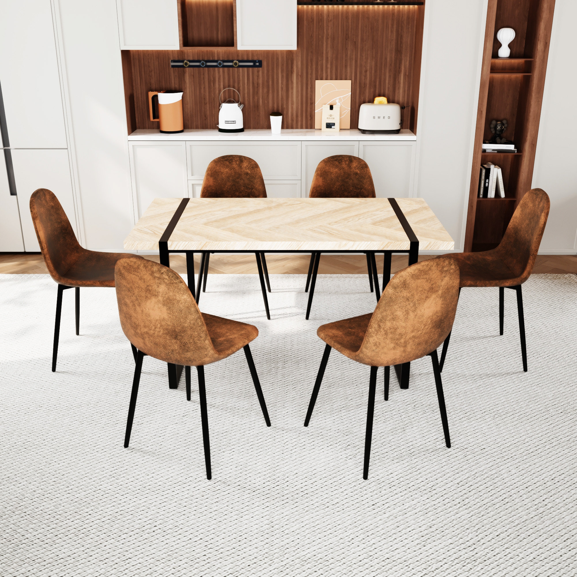 17 Stories MDF Light Wood Dining Table And Modern Dining Chair Set Of 8 ...