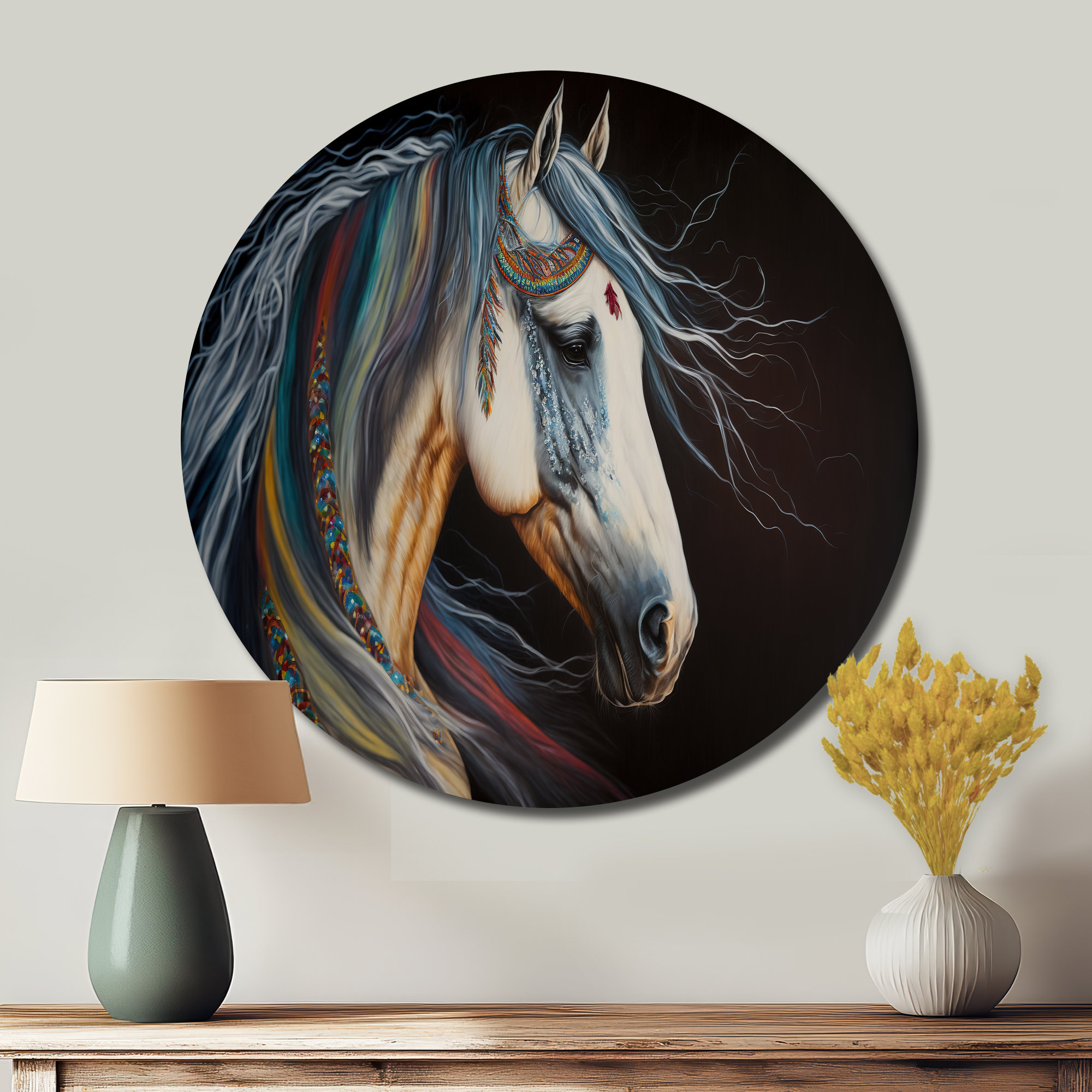 East Urban Home Indian Horse With Colorful Mane IV - Animals Round ...