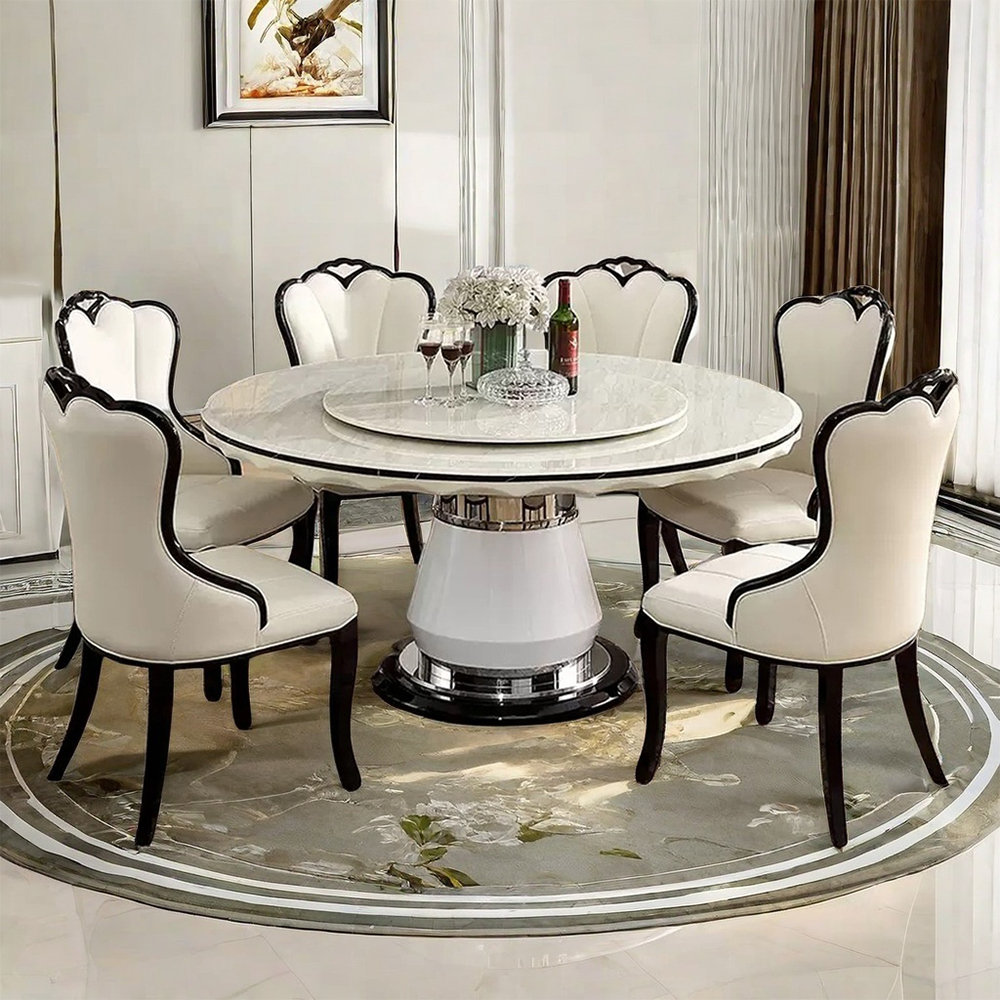 ALLNICEDT Simple White Faux Marble Round Dining Table Set | Wayfair