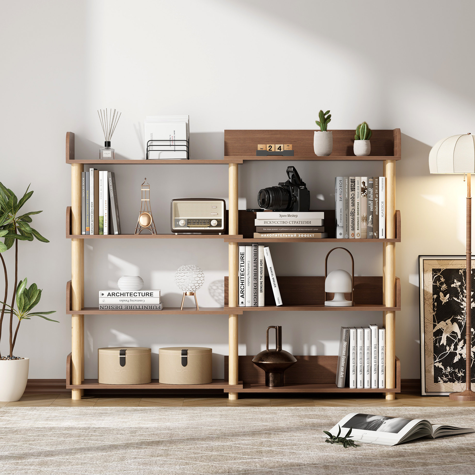 Hokku Designs 4 Tier Retractable & Rotatable Bookcases, Wooden Corner ...