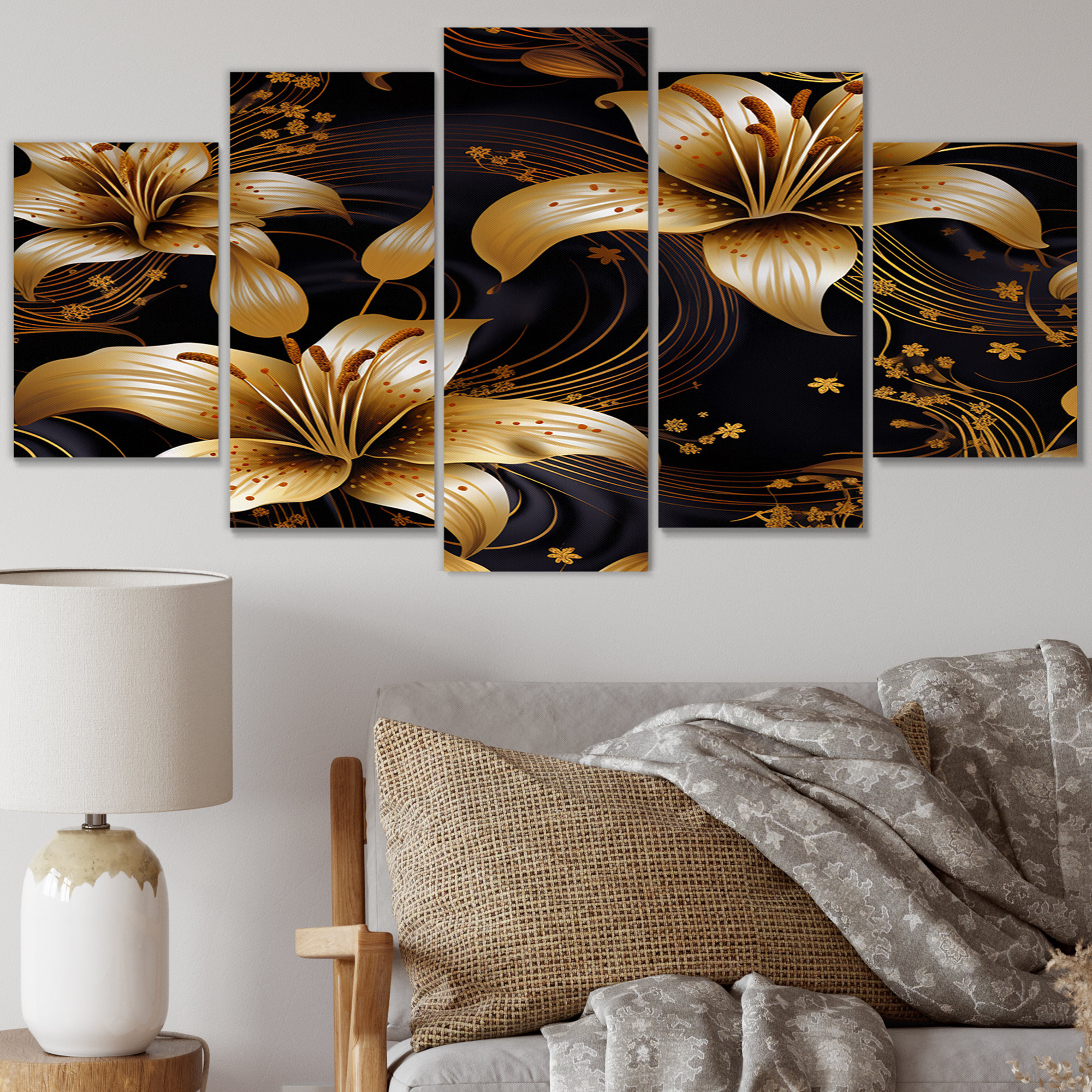 House of Hampton® Golden Lily Flower Glam On Black II - Lily Wall Art ...
