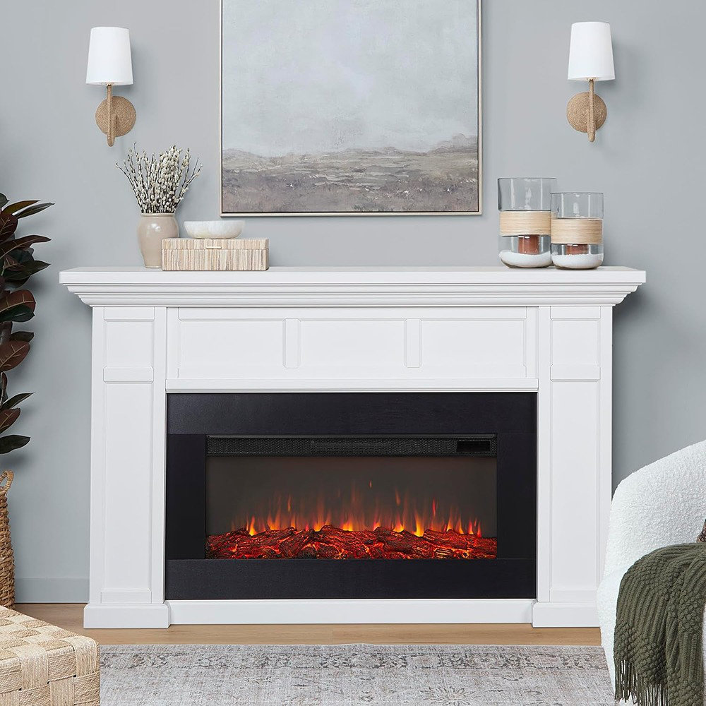 Gracie Oaks Electric Fireplace With Mantel, Realistic Log And Flame ...