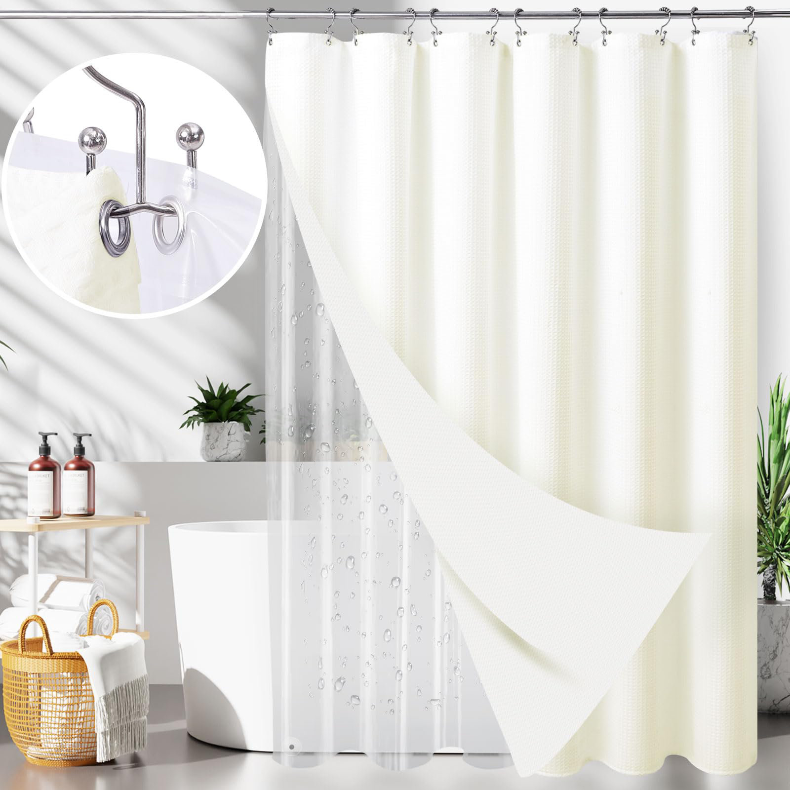 Latitude Run® 3 In 1 Waterproof Waffle Weave Shower Curtain And Clear ...