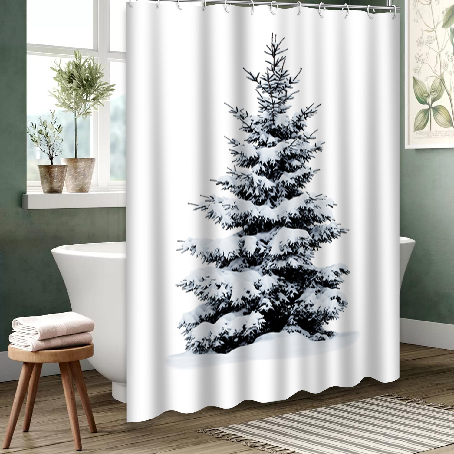 The Holiday Aisle® White Waterproof Shower Curtain,Christmas Tree with ...