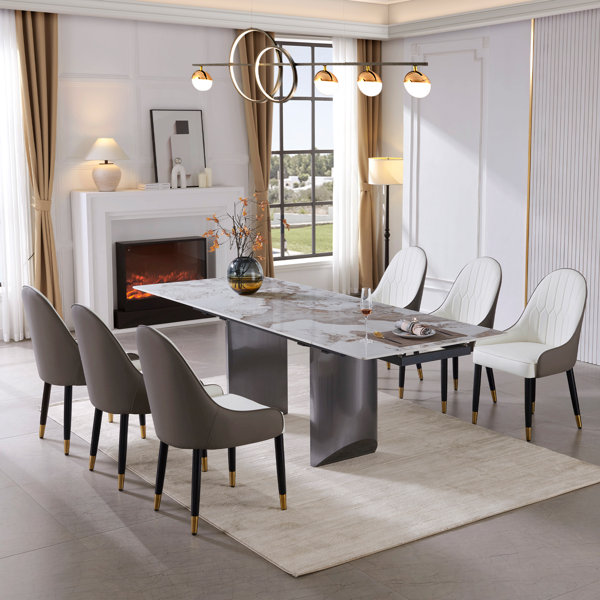 Orren Ellis Kelcea 7 Piece Telescopic Slate Dining Table and Chair Set ...