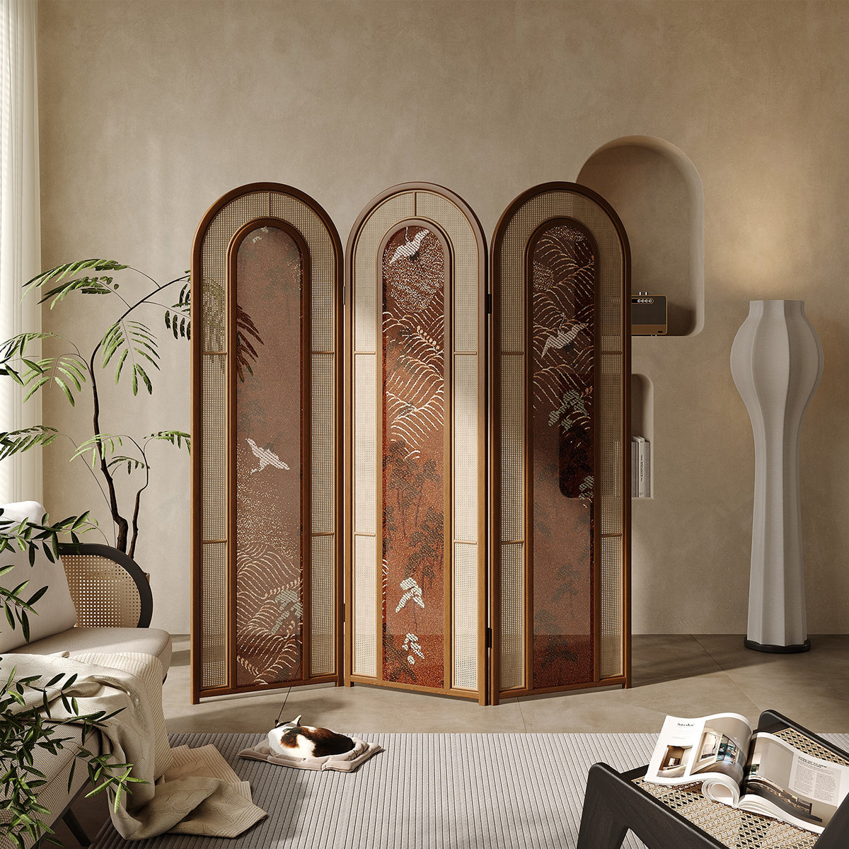 abodeappeal Brown Arched Solid Wood;Rattan Room Dividers | Wayfair